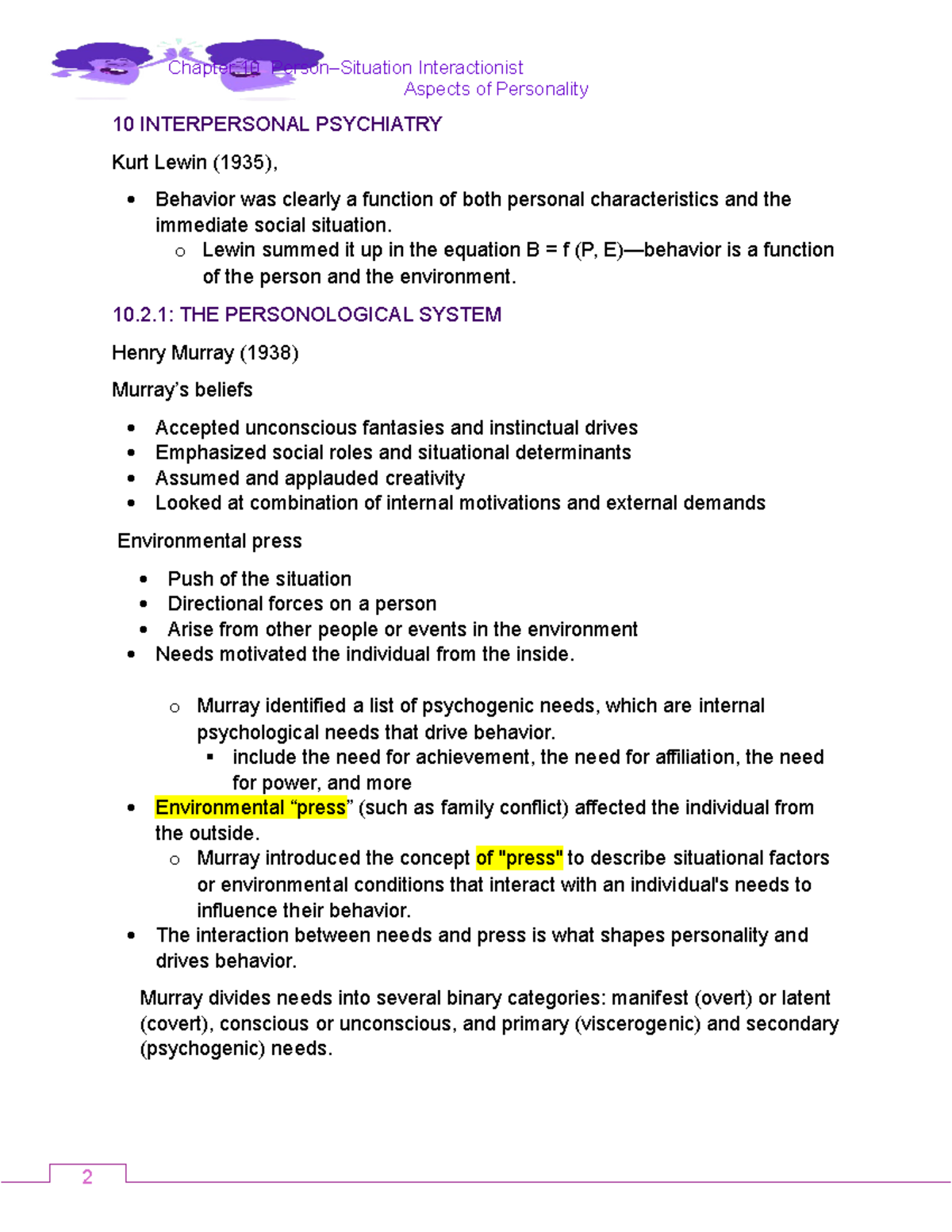 Chapter 10 Person–Situation Interactionist Aspects of Personality Notes ...