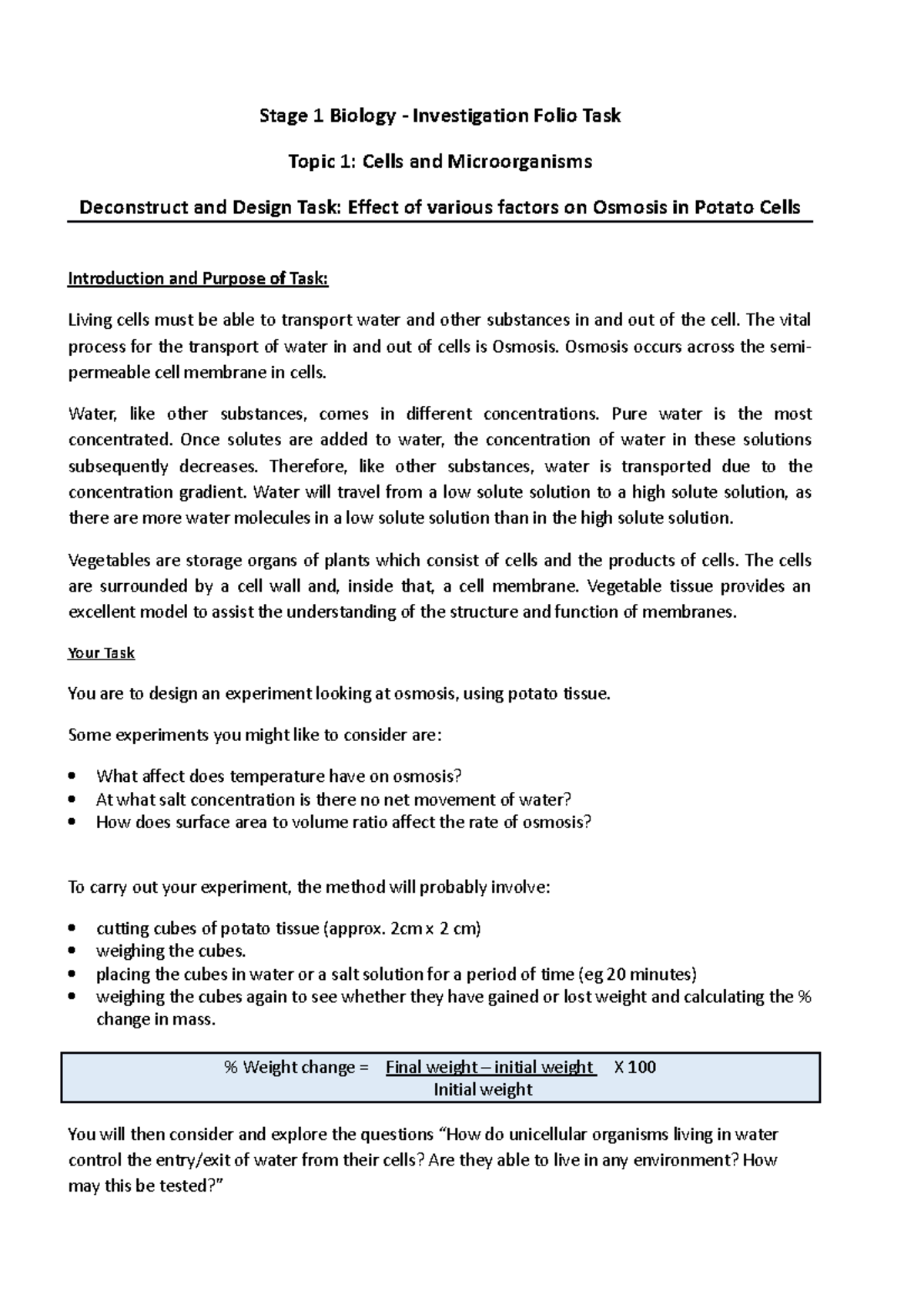 2023 Osmosis practical - Stage 1 Biology - Investigation Folio Task ...