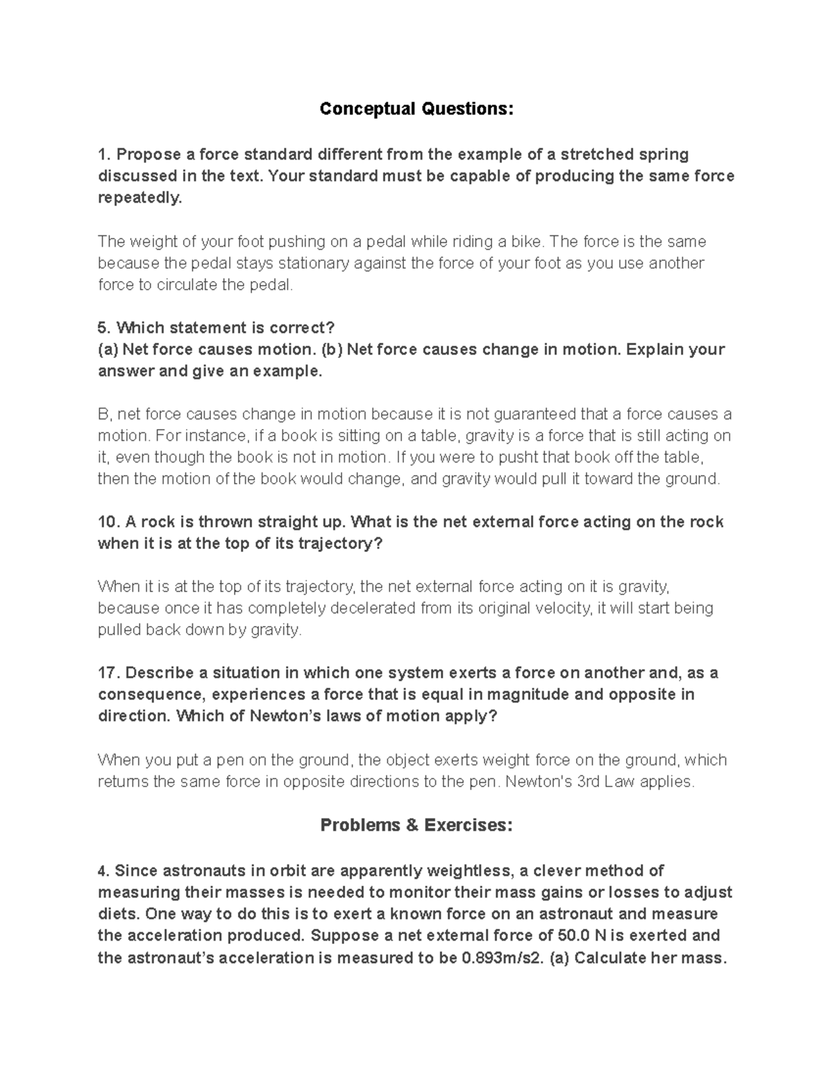 Newton's Laws of Motion Homework - Conceptual Questions: 1. Propose a ...