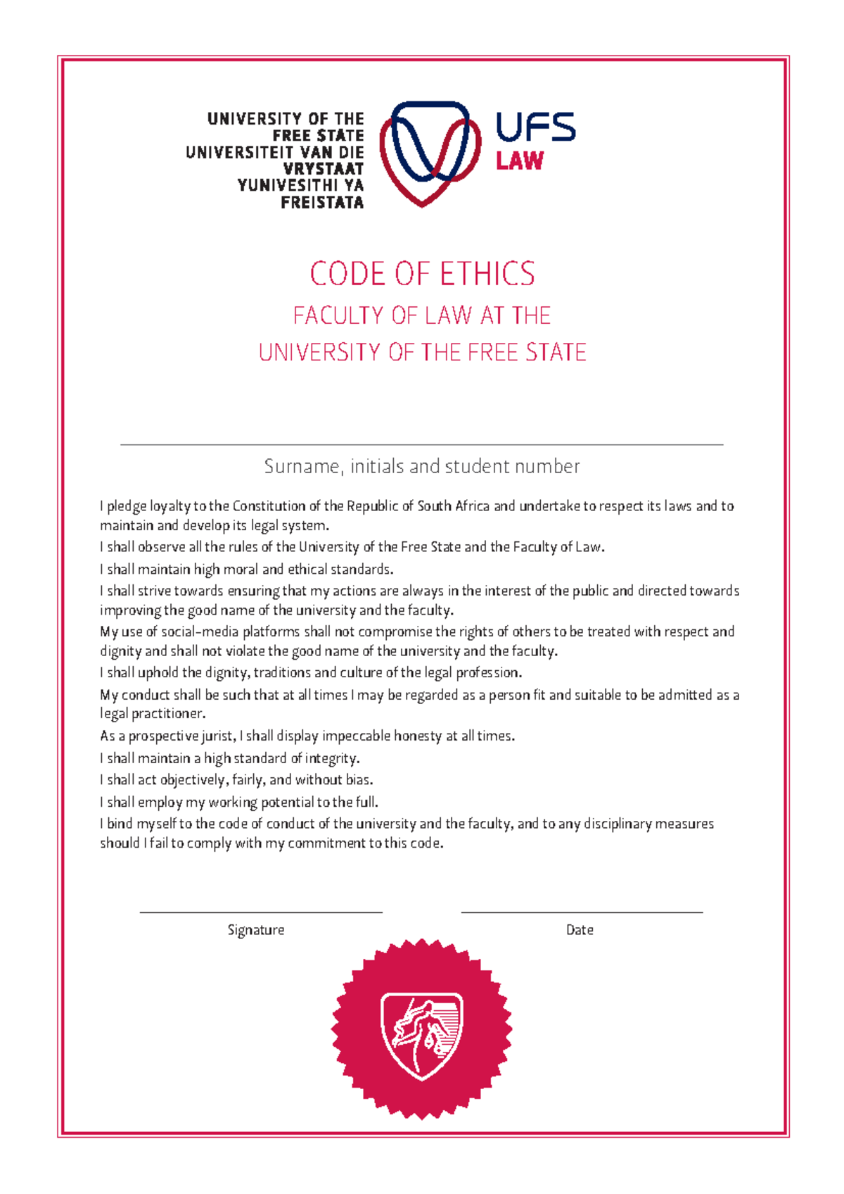 Student Code of Ethics - CODE OF ETHICS FACULTY OF LAW AT THE ...