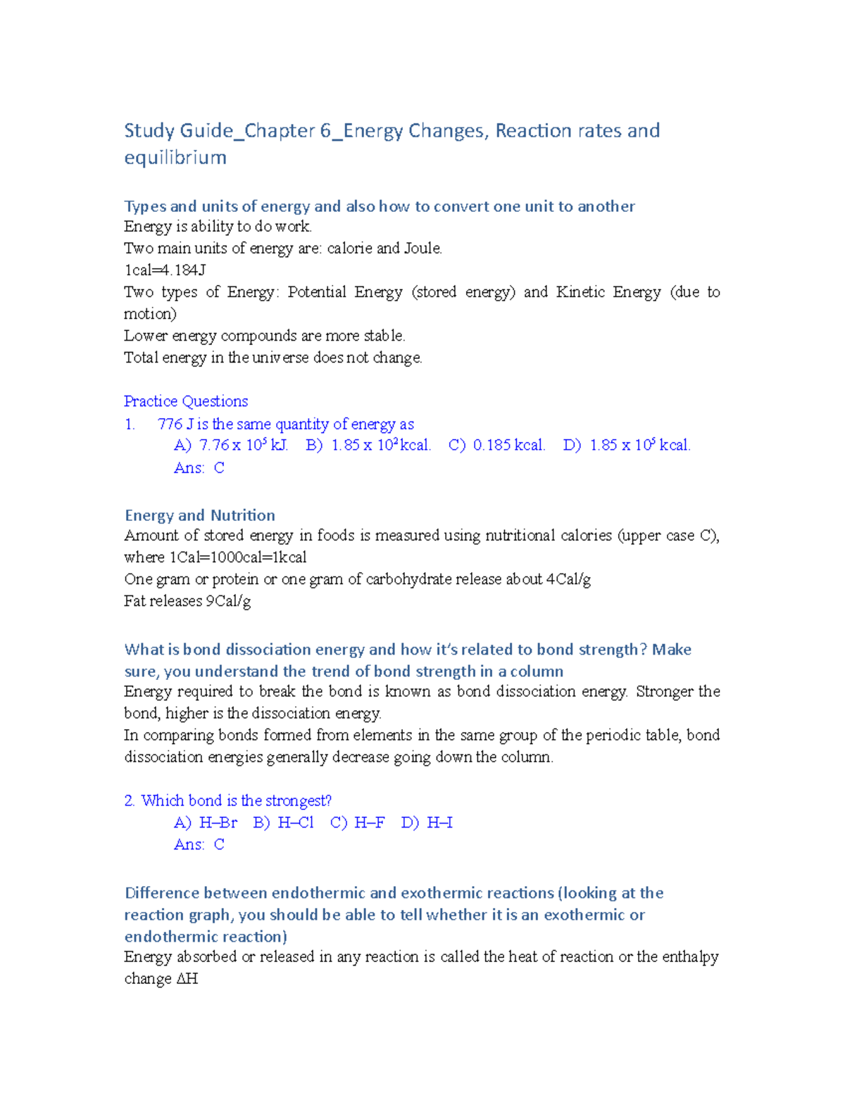 Study guide Chapter 6 - Study Guide_Chapter 6_Energy Changes, Reaction ...