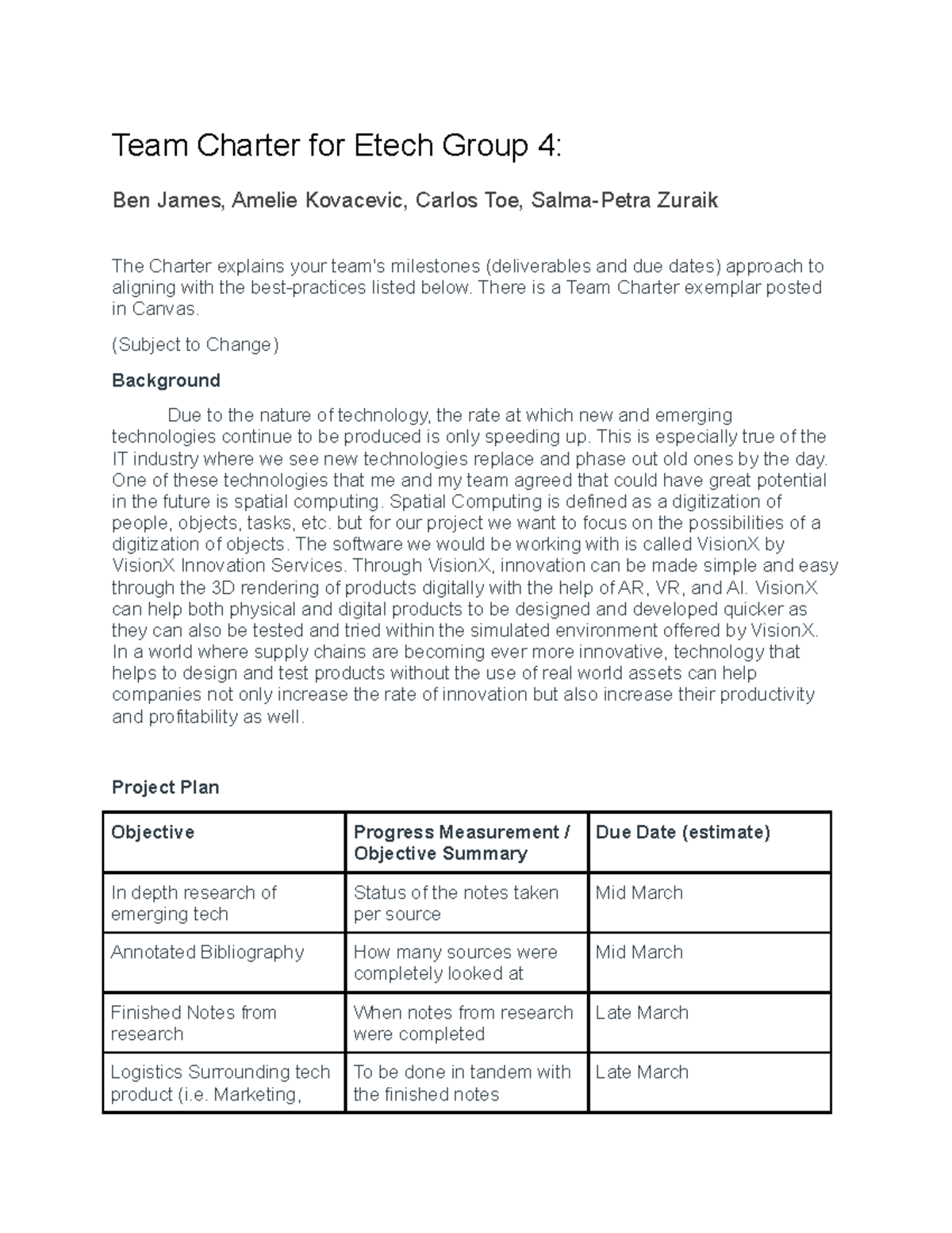 Itec 200 Etech Group 4 - Excel explained - Team Charter for Etech Group 4: Ben James, Amelie ...