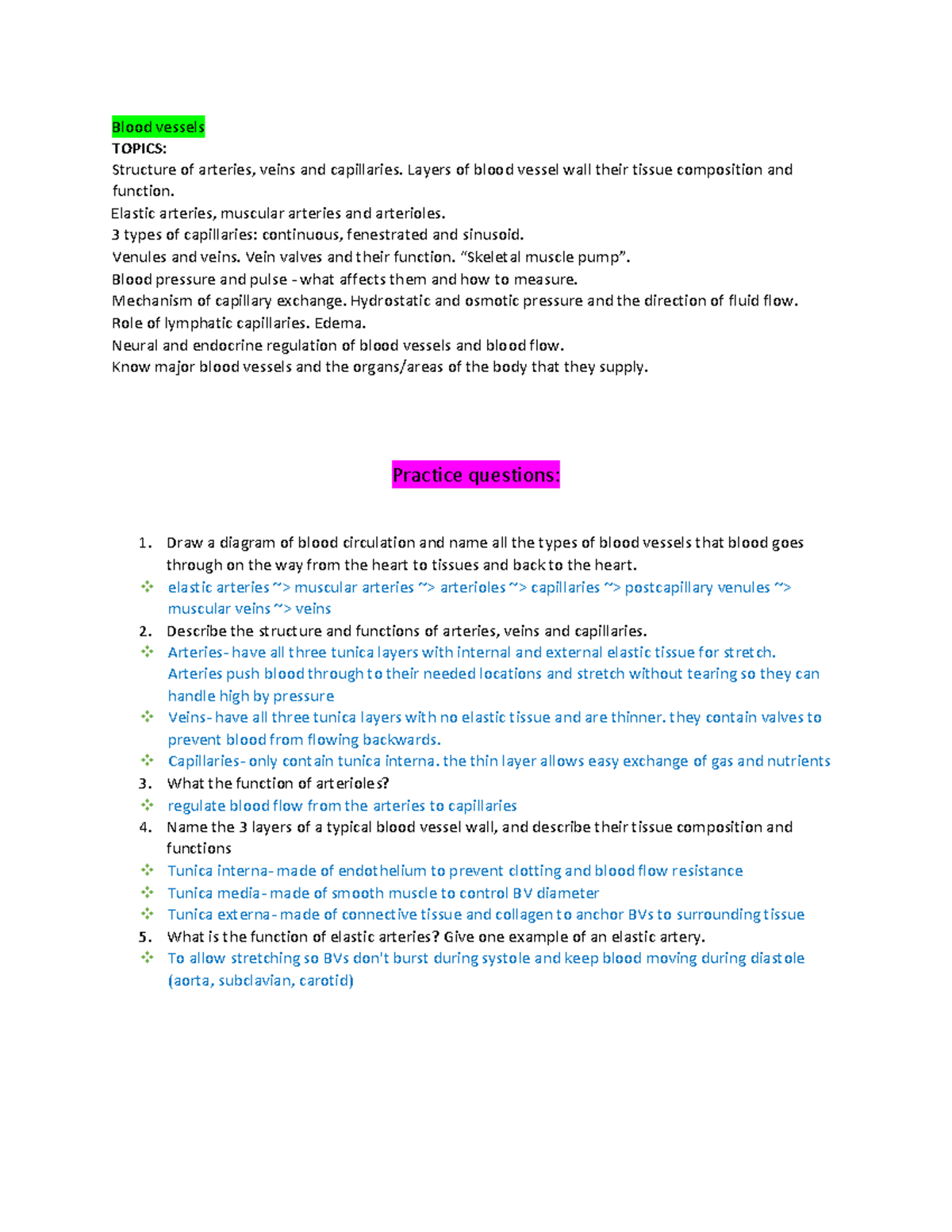 Blood vessels study guide-Su17 - Tagged - Blood vessels TOPICS ...