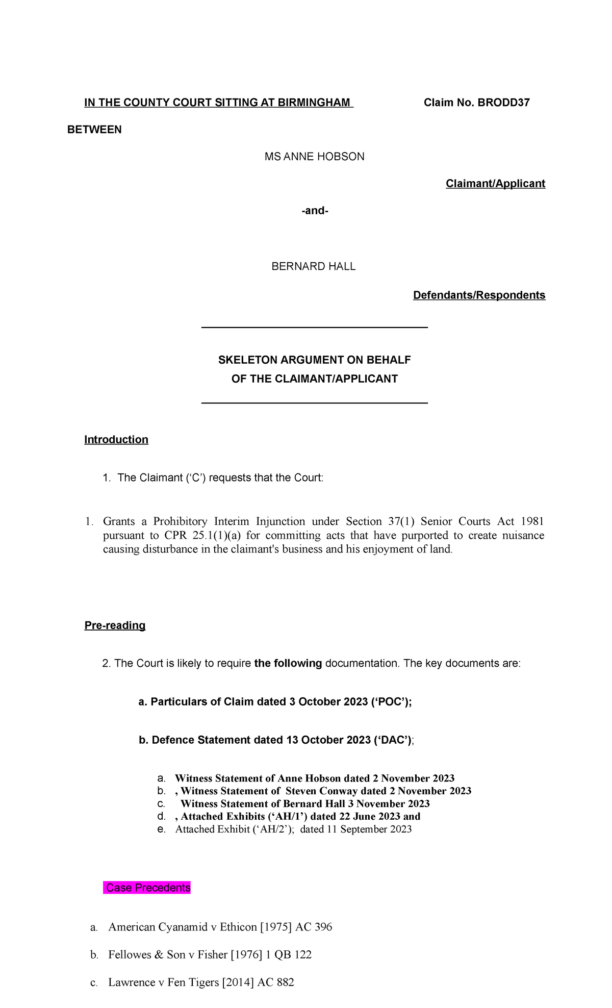 Interim Injunction Skeleton - IN THE COUNTY COURT SITTING AT BIRMINGHAM ...