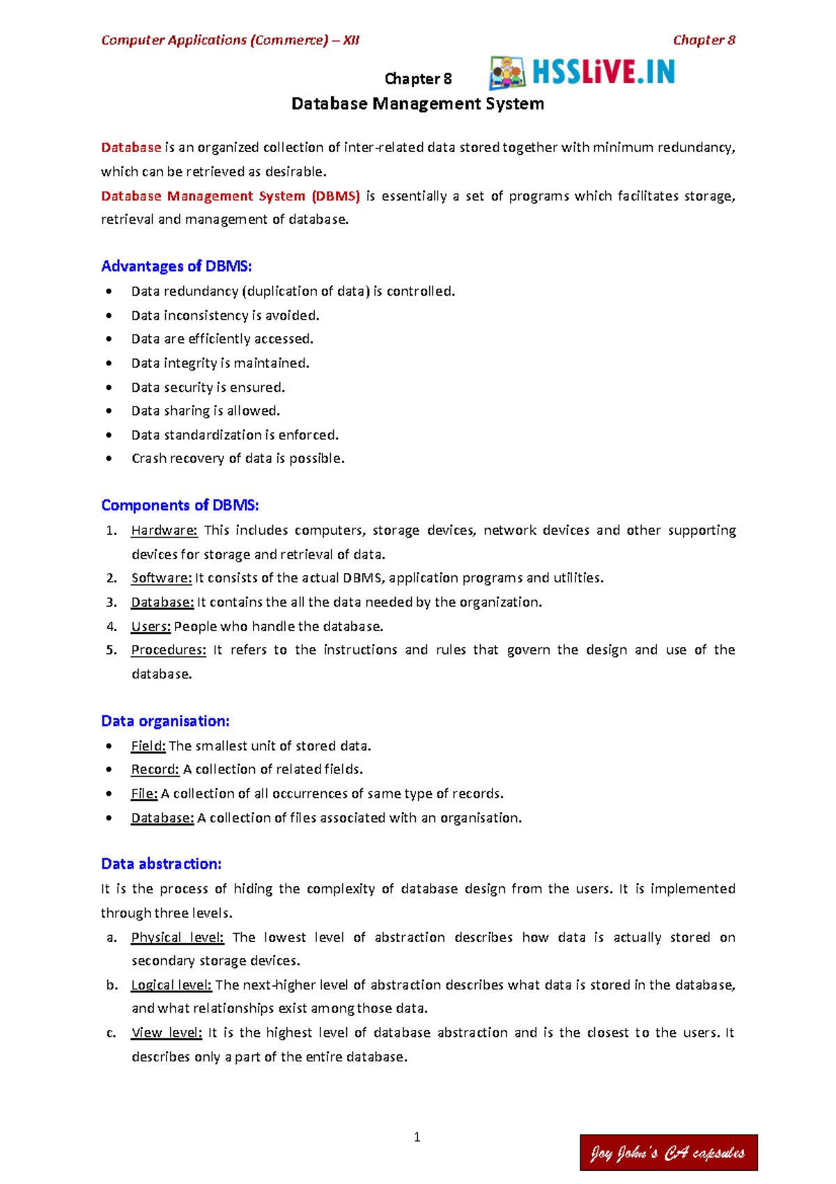 Hsslive-Chapter 8-ca-Joy-John - 1 Chapter 8 Database Management System Database is an organized ...