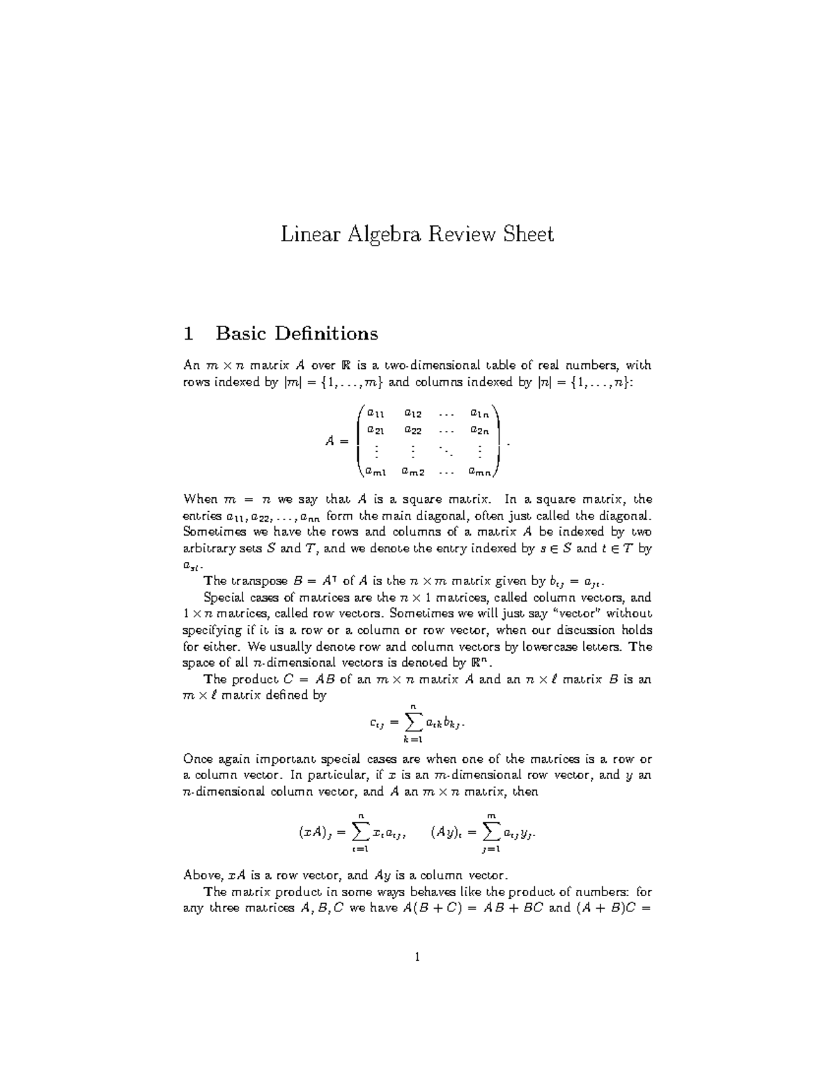 Linear algebra review - .. , m} and columns indexed by [n] = { 1 ...