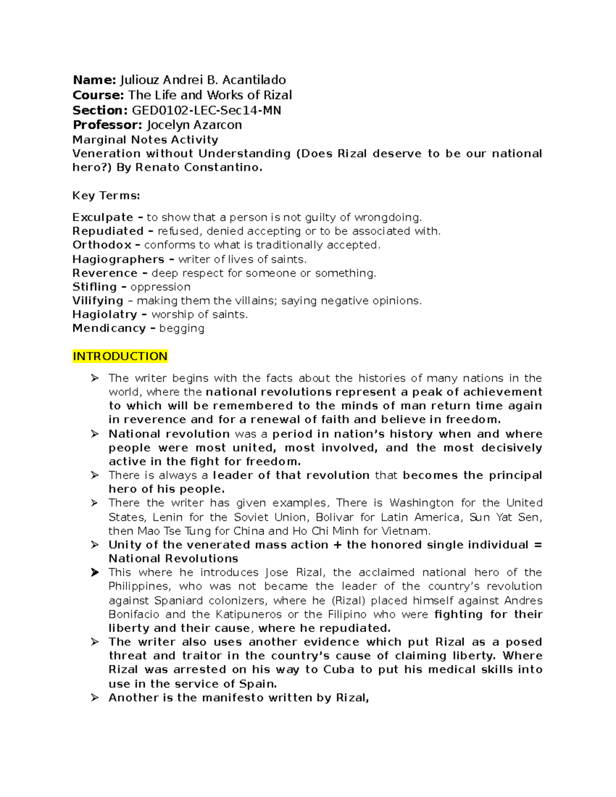Marginal Notes Acantilado - Name: Juliouz Andrei B. Acantilado Course ...