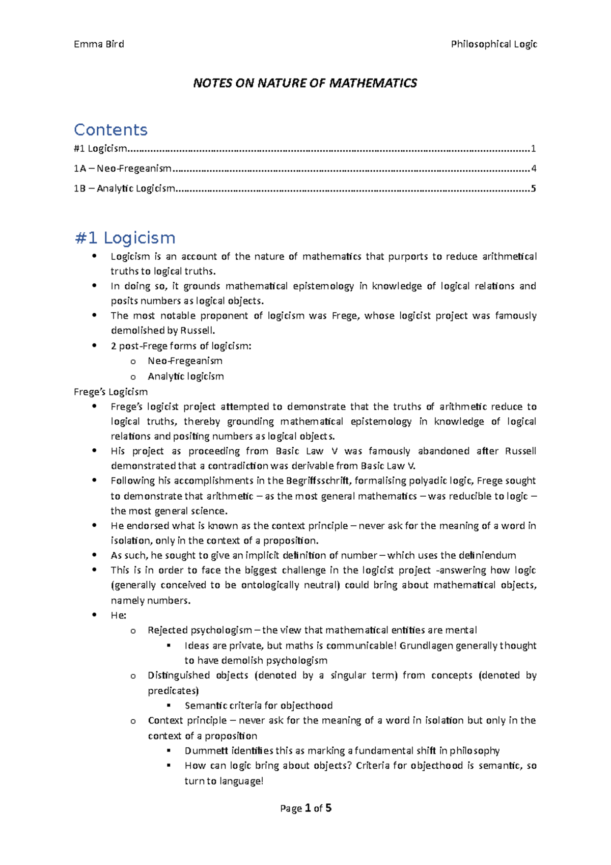 Notes on Logicism - NOTES ON NATURE OF MATHEMATICS Contents #1 - Studocu