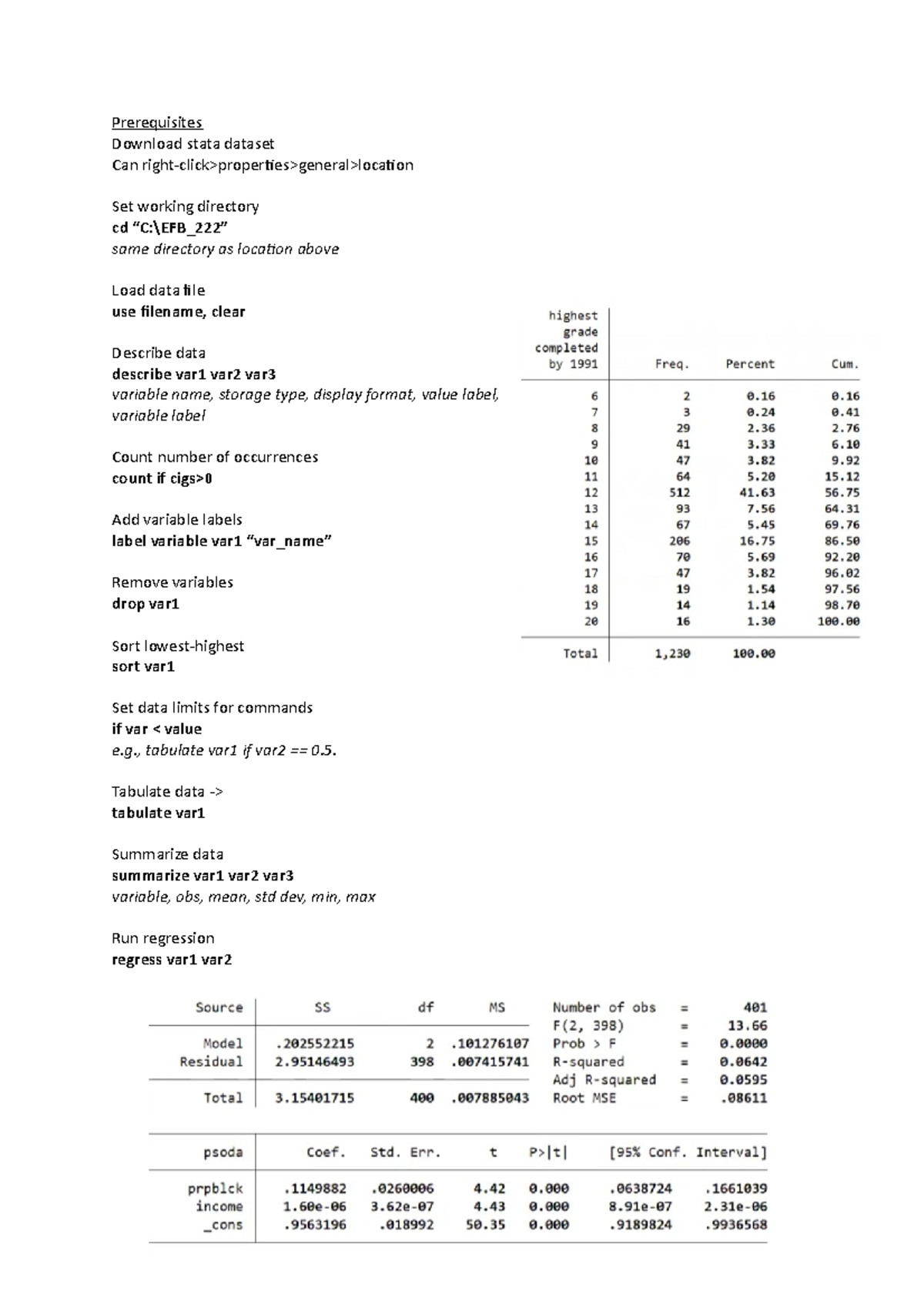 Efb222 stata commands final exam - Prerequisites Download stata dataset ...