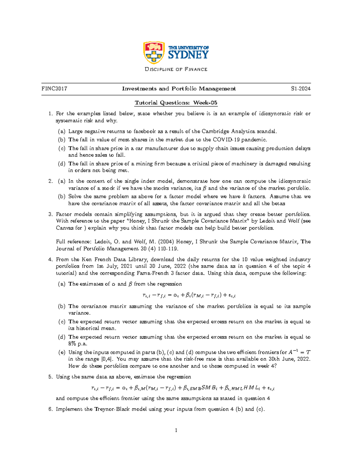FINC3017 tut5Qn - tut questions week 5 - Discipline of Finance FINC3017 Investments and ...
