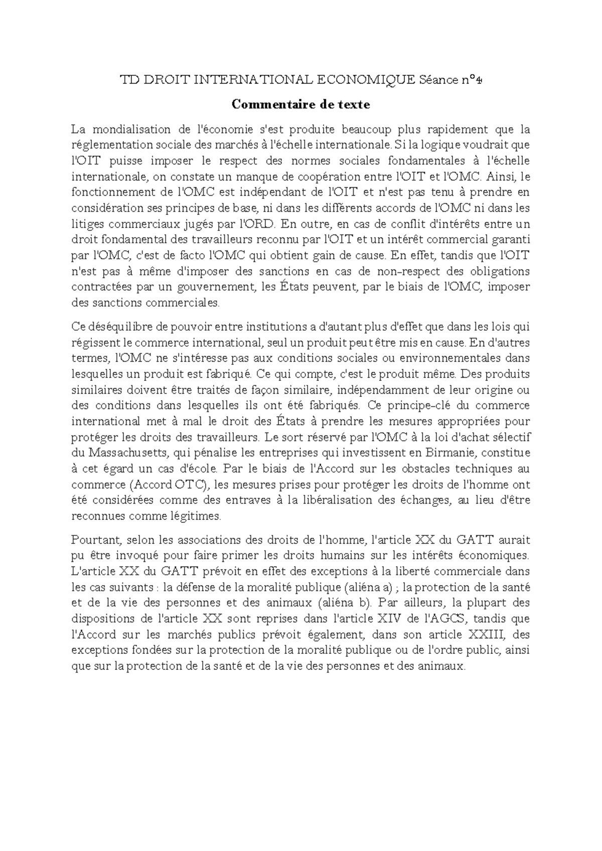 TD Droit International Economique Séance n 4 - TD DROIT INTERNATIONAL ECONOMIQUE Séance n° - Studocu