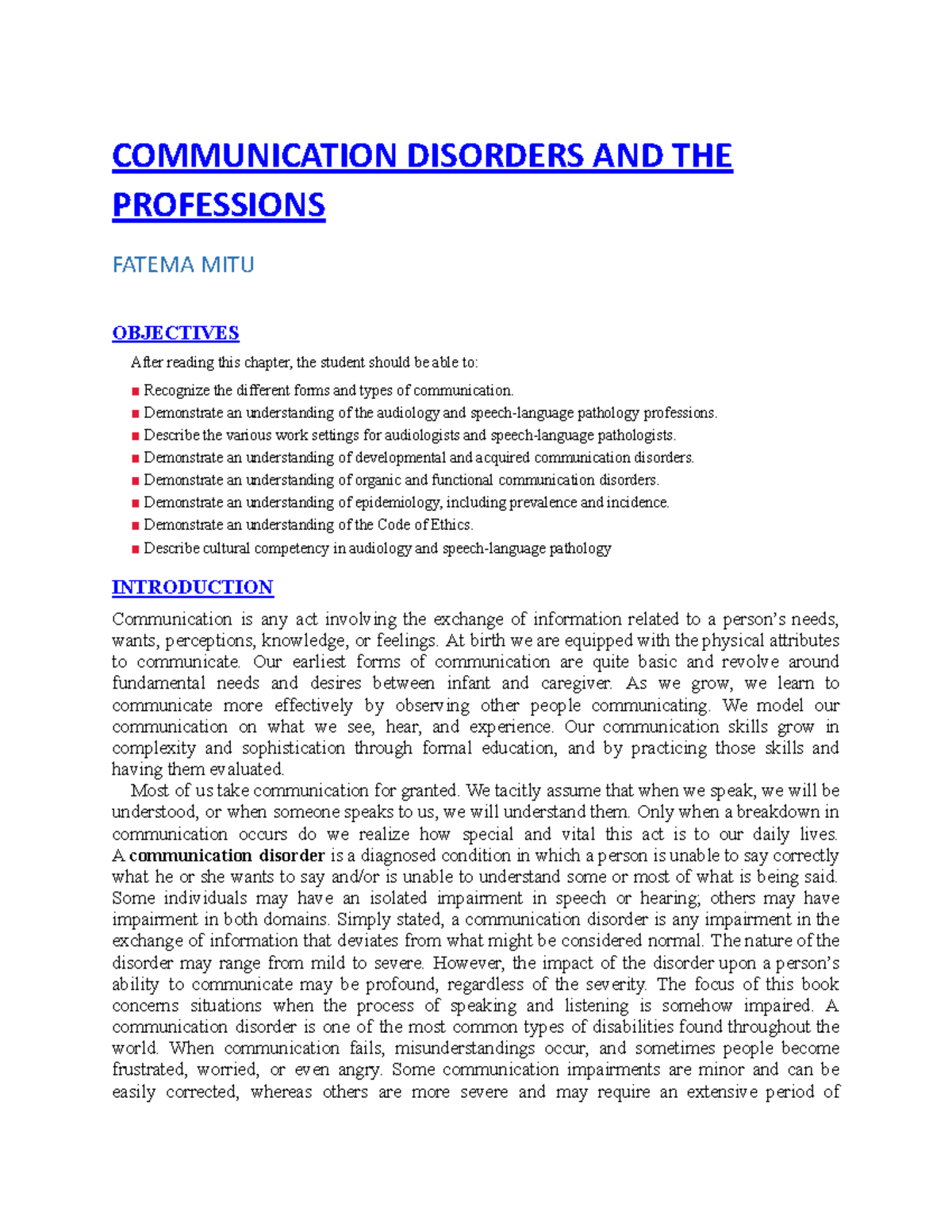 Ch 1 Notes For Comd 2081 Chapter 1 Notes Communication Disorders