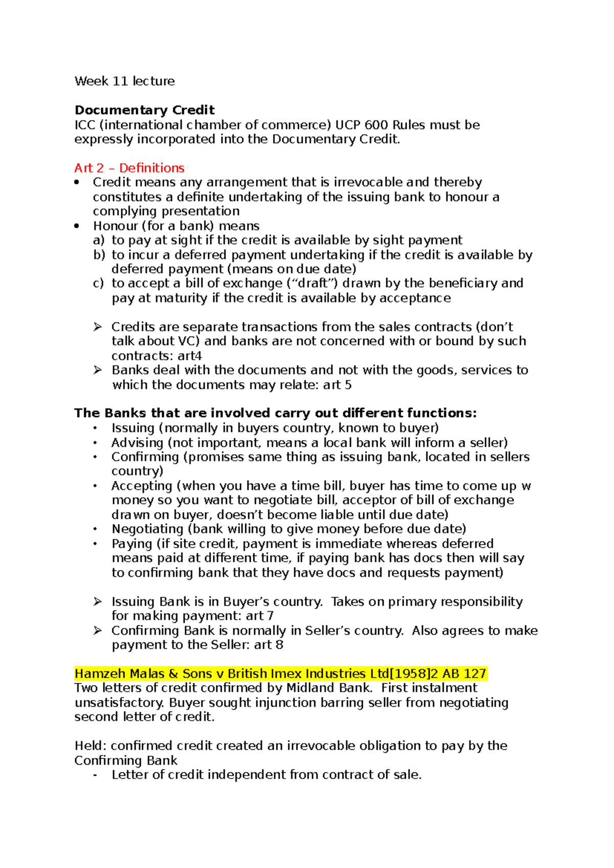 Week 11 lecture - Week 11 lecture Documentary Credit ICC (international chamber of commerce) UCP ...