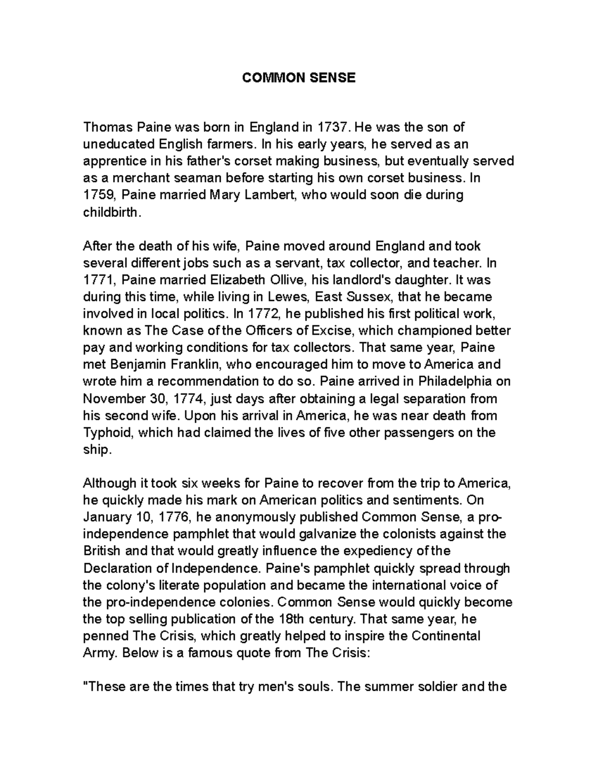 Reading Melicet 2- Common Sense - COMMON SENSE Thomas Paine was born in ...