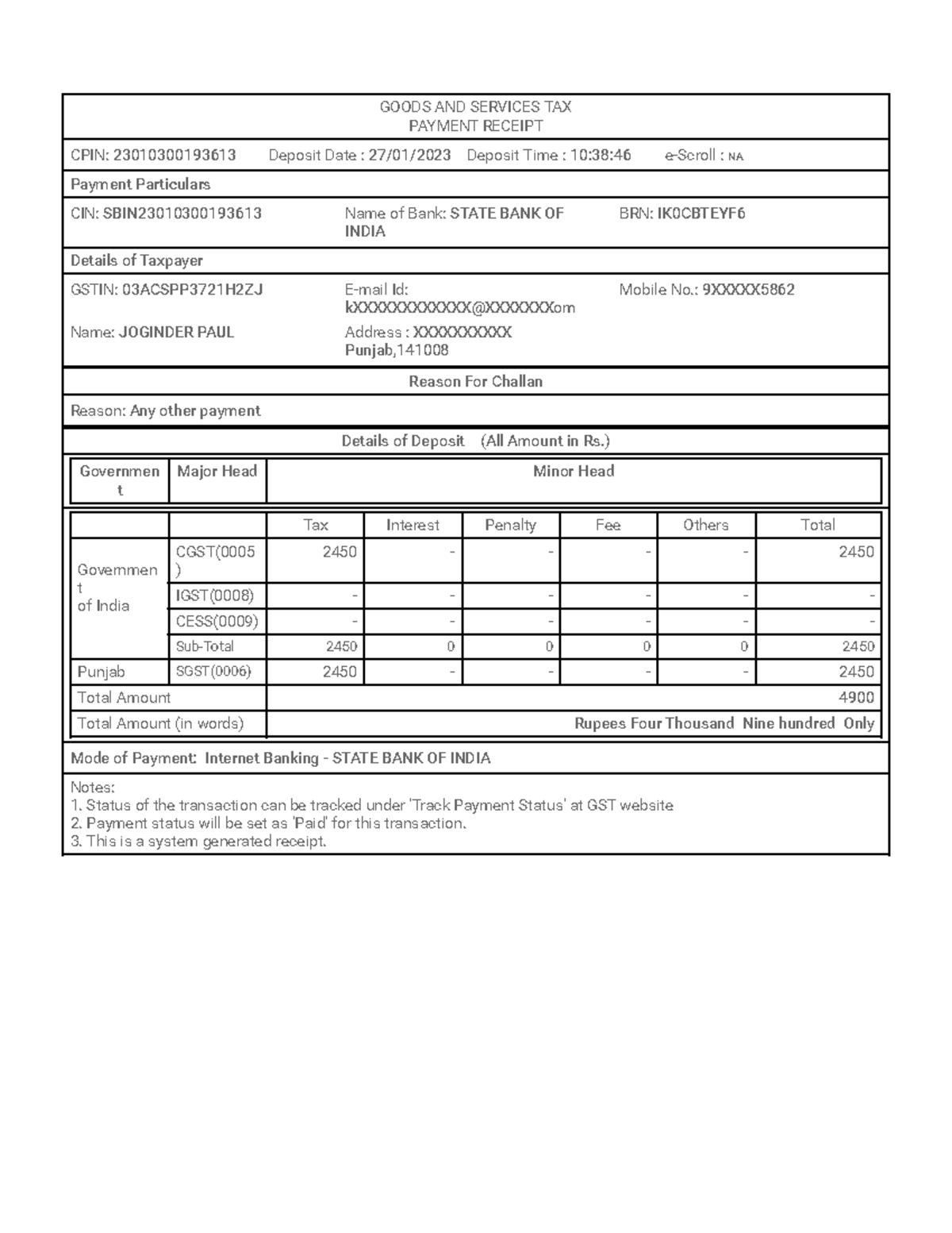 GST-Challan Receipt (19) - GOODS AND SERVICES TAX PAYMENT RECEIPT CPIN ...