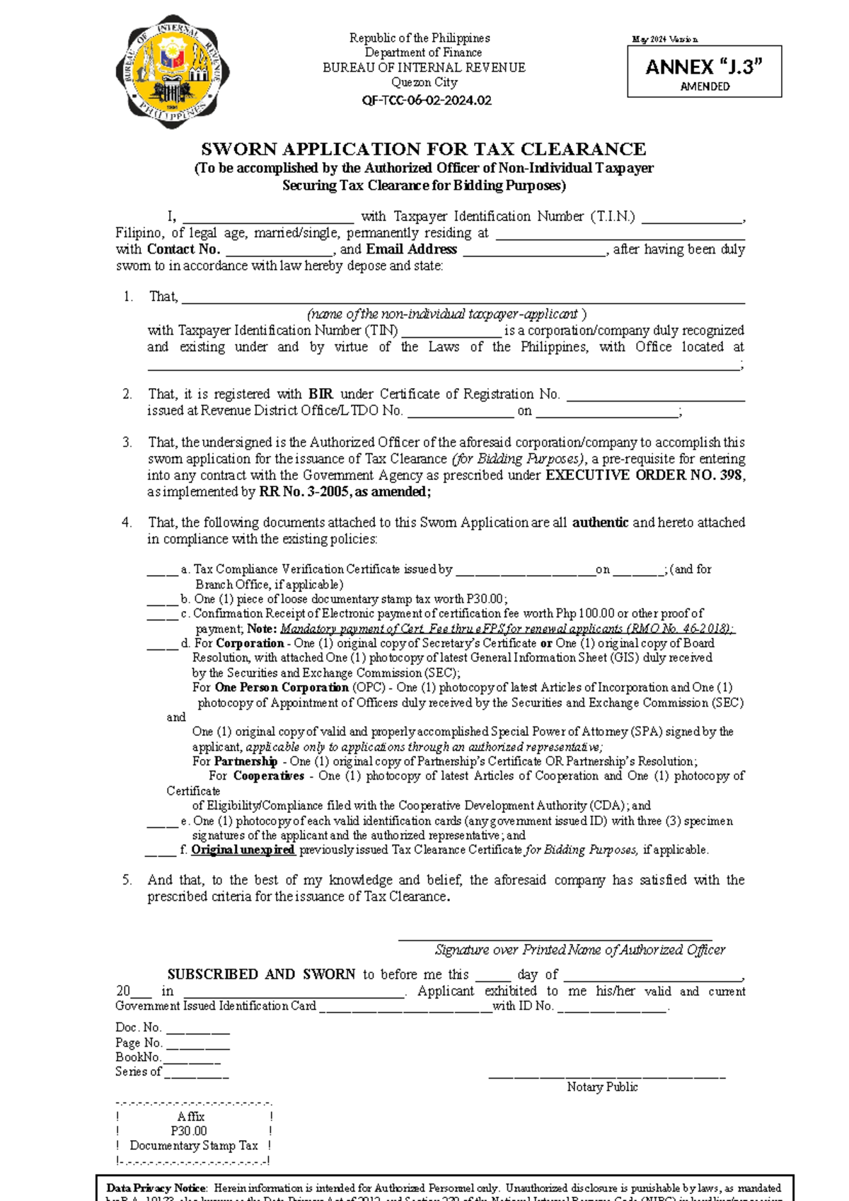 Sworn Application FOR TAX Clearance FOR Bidding Purposes NON ...