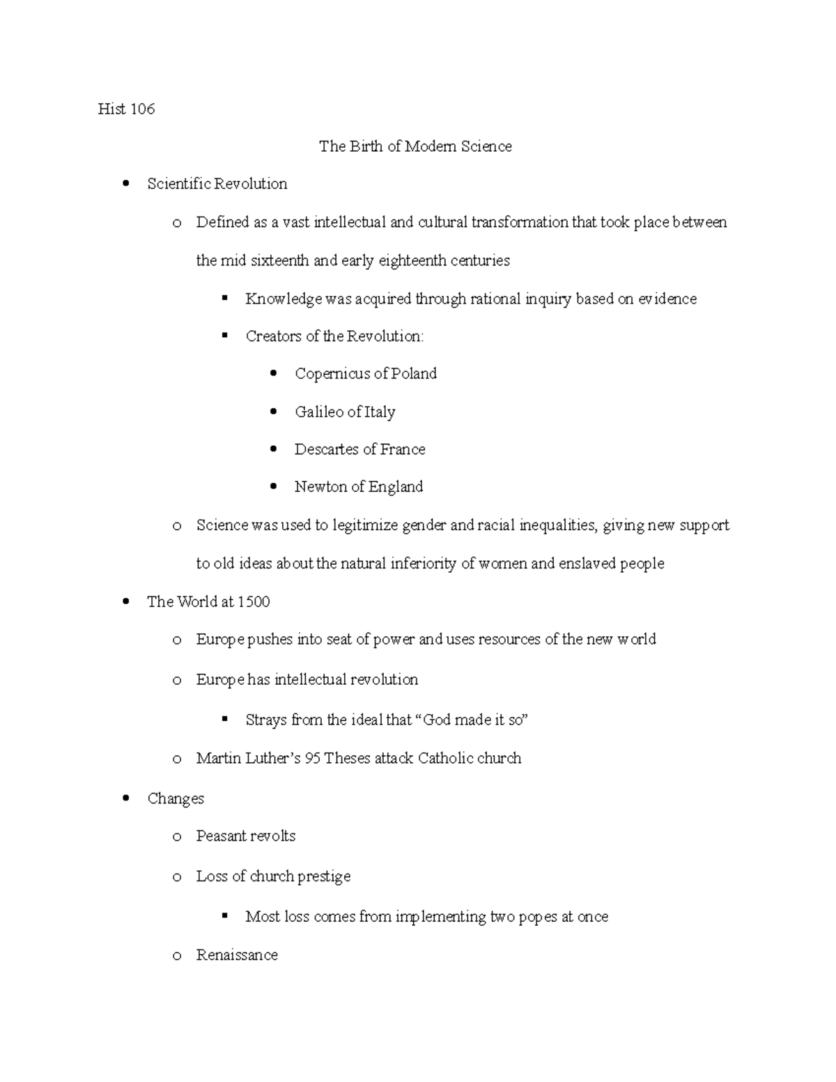 Hist 106 Birth of Modern Science - Hist 106 The Birth of Modern Science ...