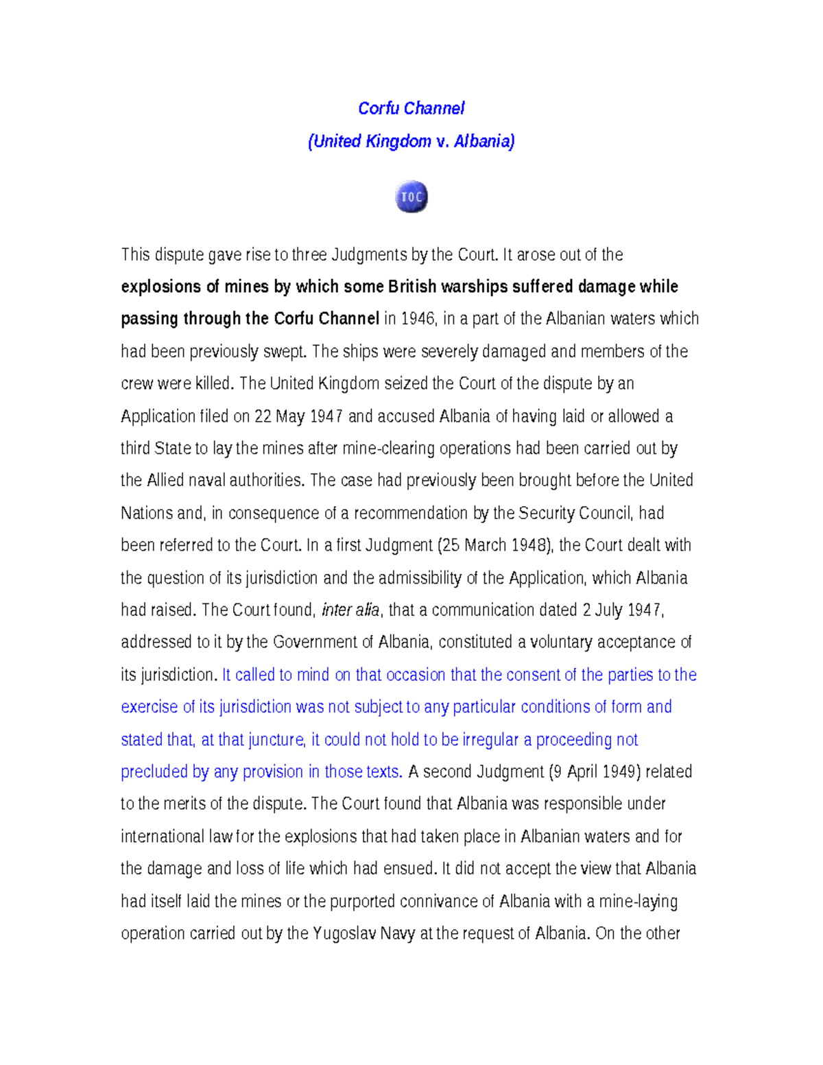 Corfu Channel - Corfu Channel (United Kingdom v. Albania) This dispute ...