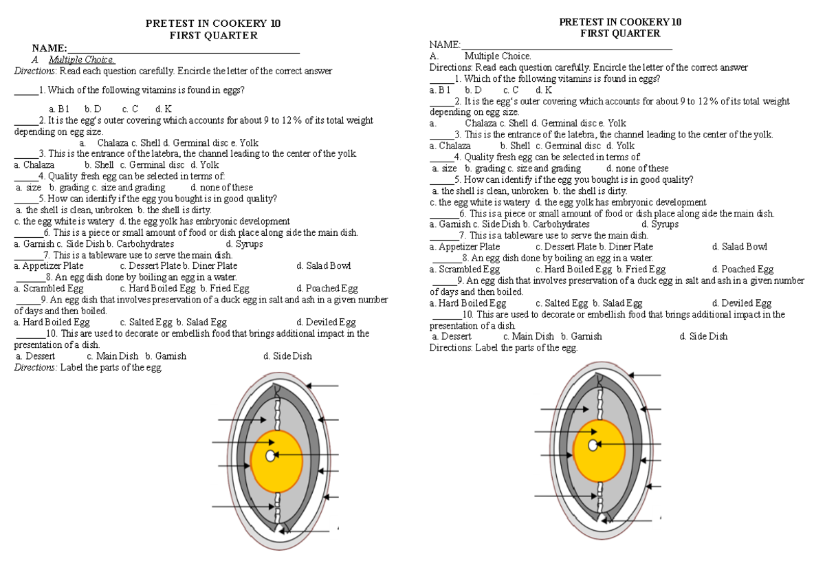 Final - pre test - PRETEST IN COOKERY 10 FIRST QUARTER - Studocu