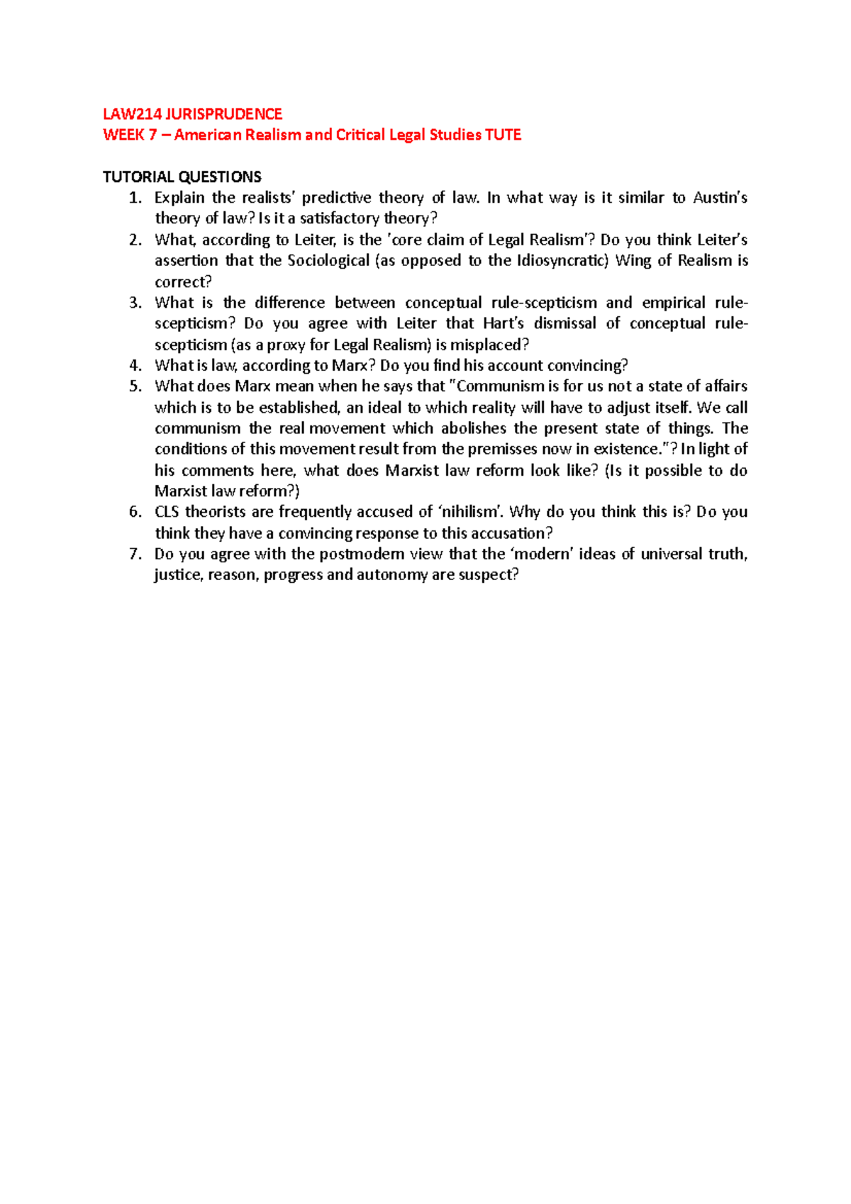 WEEK 7 - American Realism and Critical Legal Studies TUTE - LAW214 ...