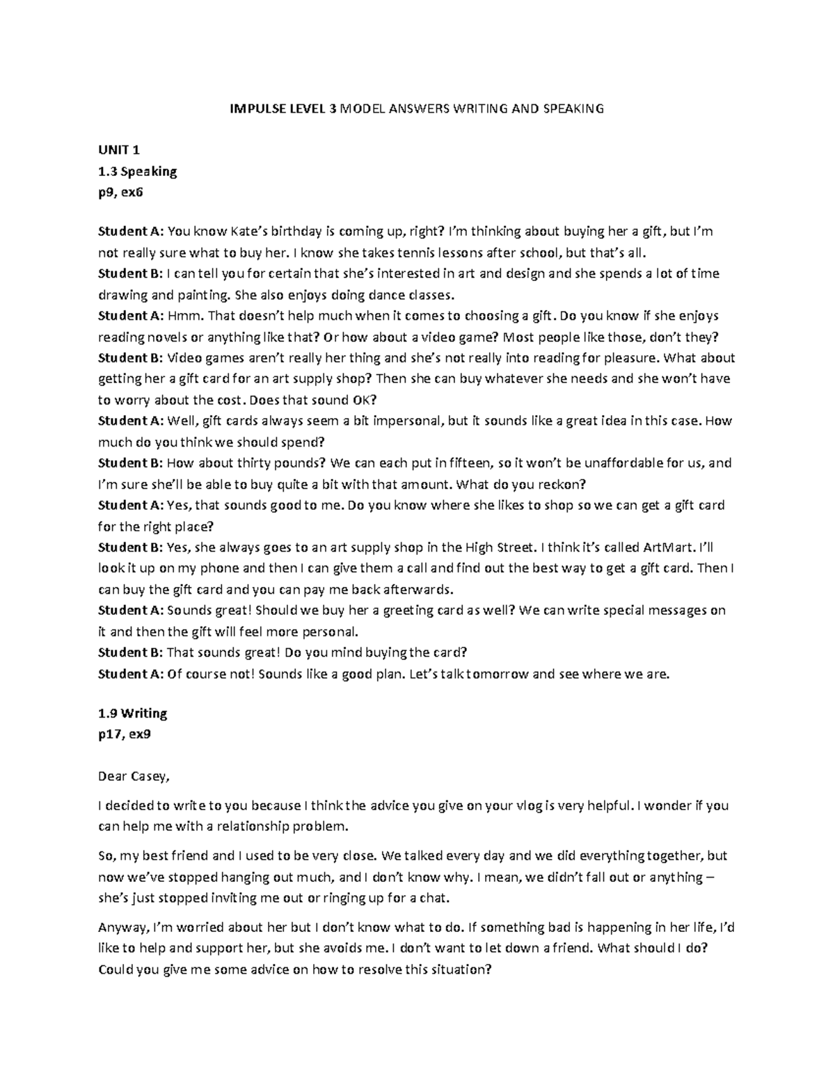 Impulse 3 Model answers speaking writing - IMPULSE LEVEL 3 MODEL ...