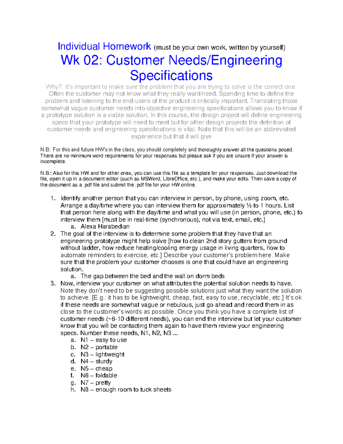 Wk02 Customer Needs Eng Specs indiv revised - Individual Homework (must ...
