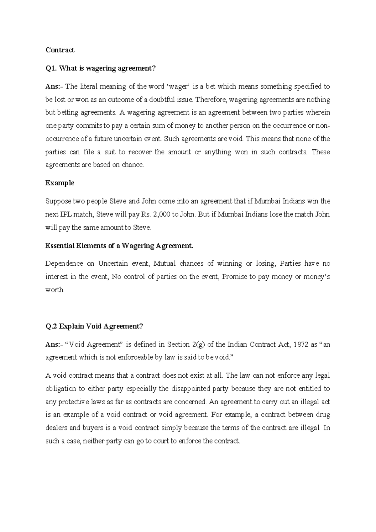 Contract internals exam - Contract Q1. What is wagering agreement? Ans ...