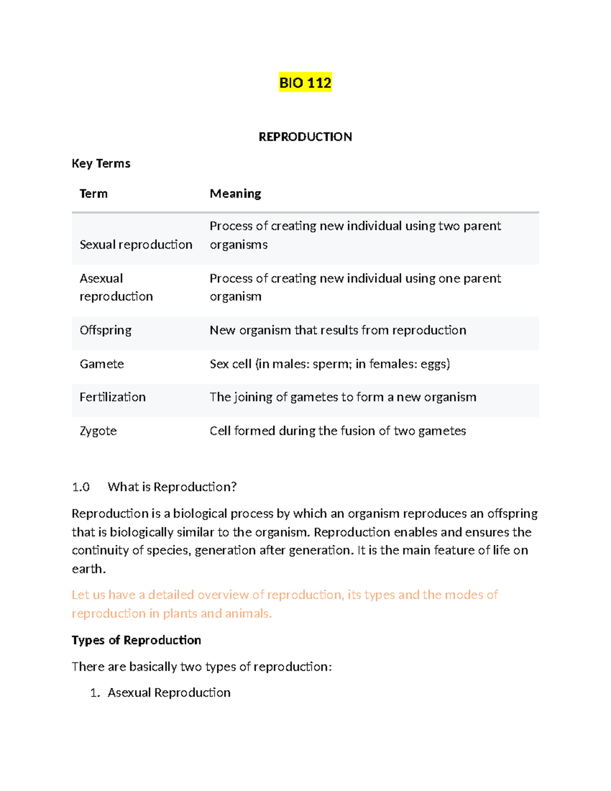 BIO 112 - BIO 112 REPRODUCTION Key Terms Term Meaning Sexual ...