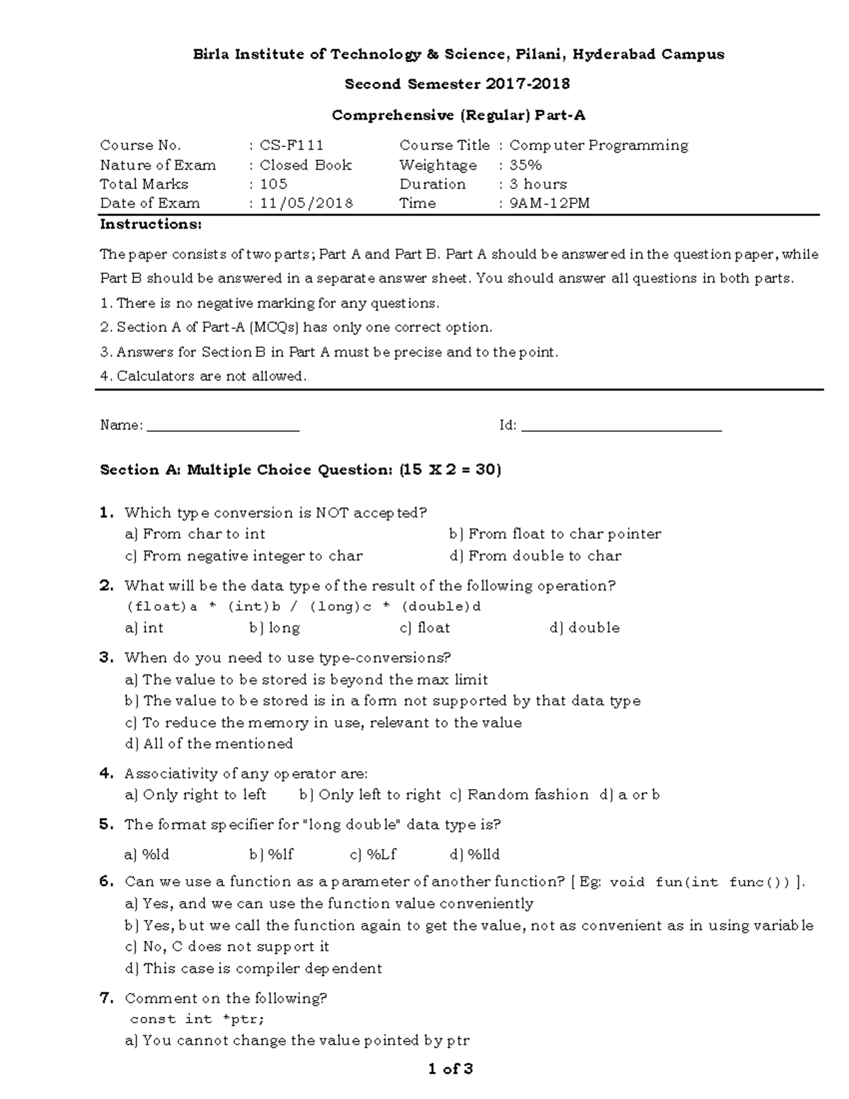 Part-A(2018 ) - Part-A(2018 ) - Computer Programming - BITS Pilani - Studocu