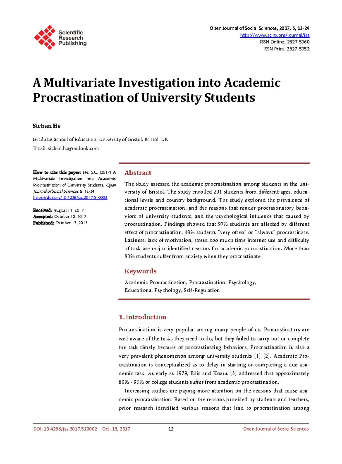 Scientific research publishing( study on aca procras) - Open Journal of ...