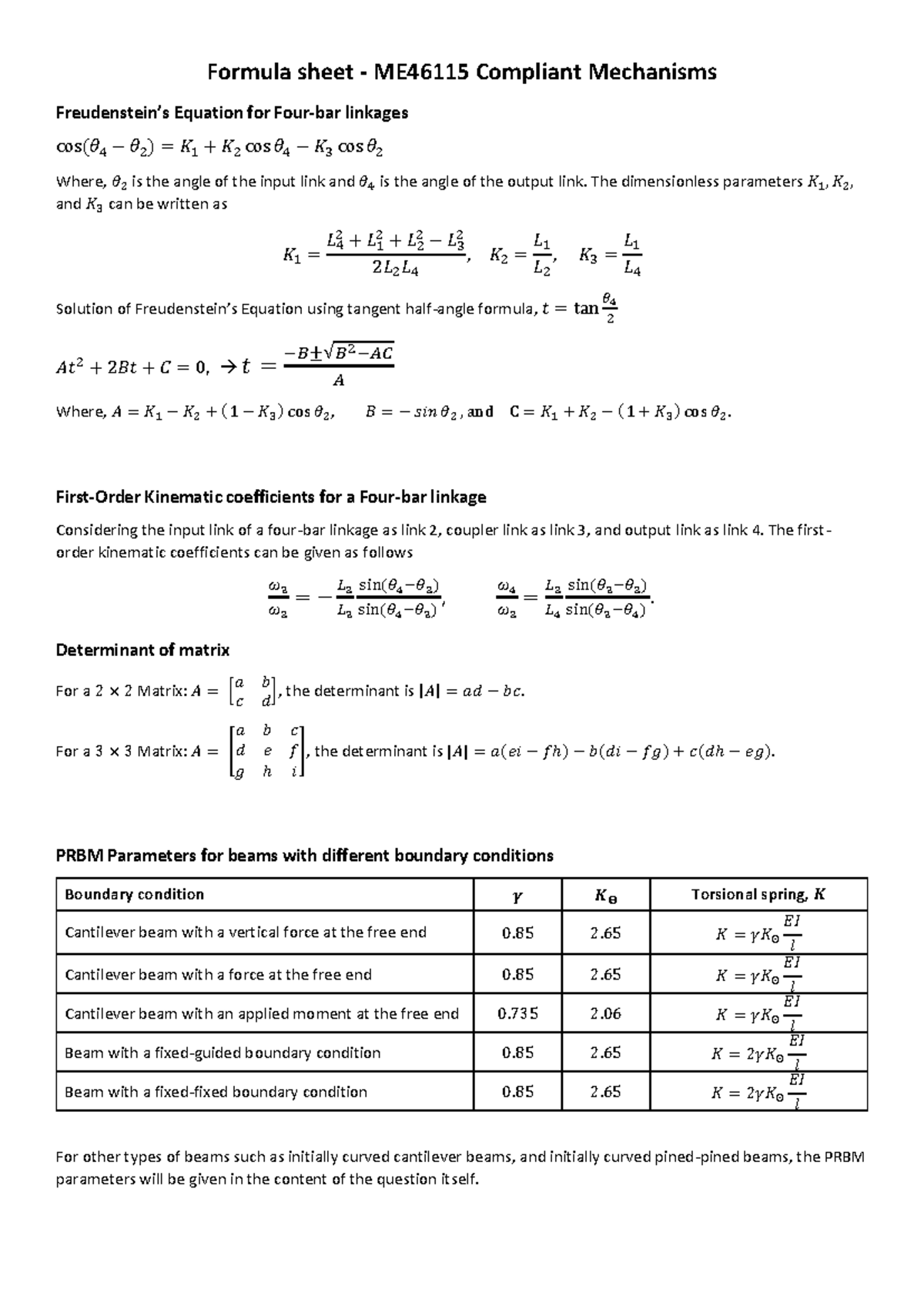 Formula sheet Exam - Formula sheet - ME46115 Compliant Mechanisms ...