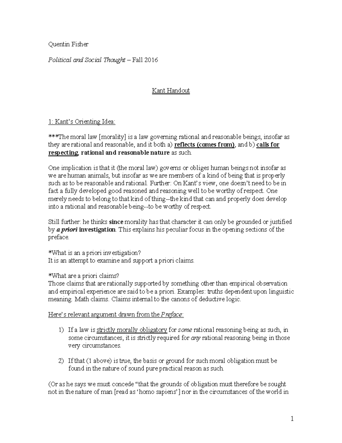 Kant Handout (long) PST - Quentin Fisher Political and Social Thought ...