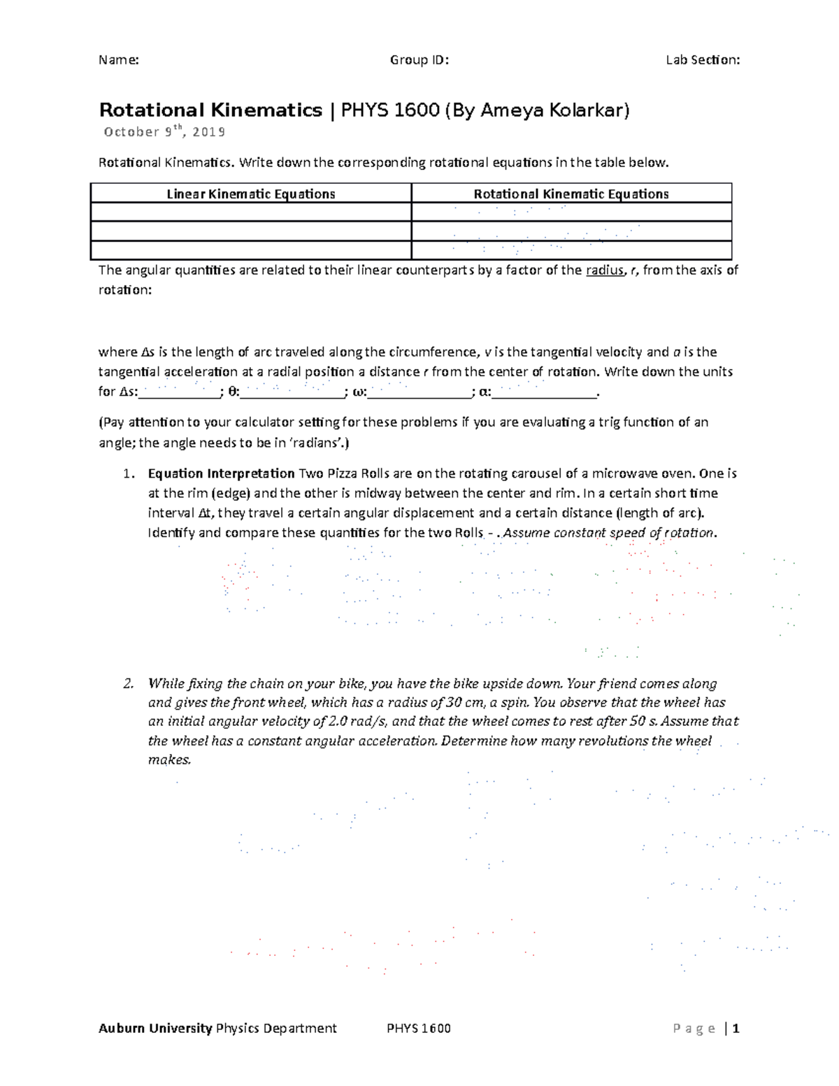 Rotational Kinematics problems - Name: Group ID: Lab Section ...
