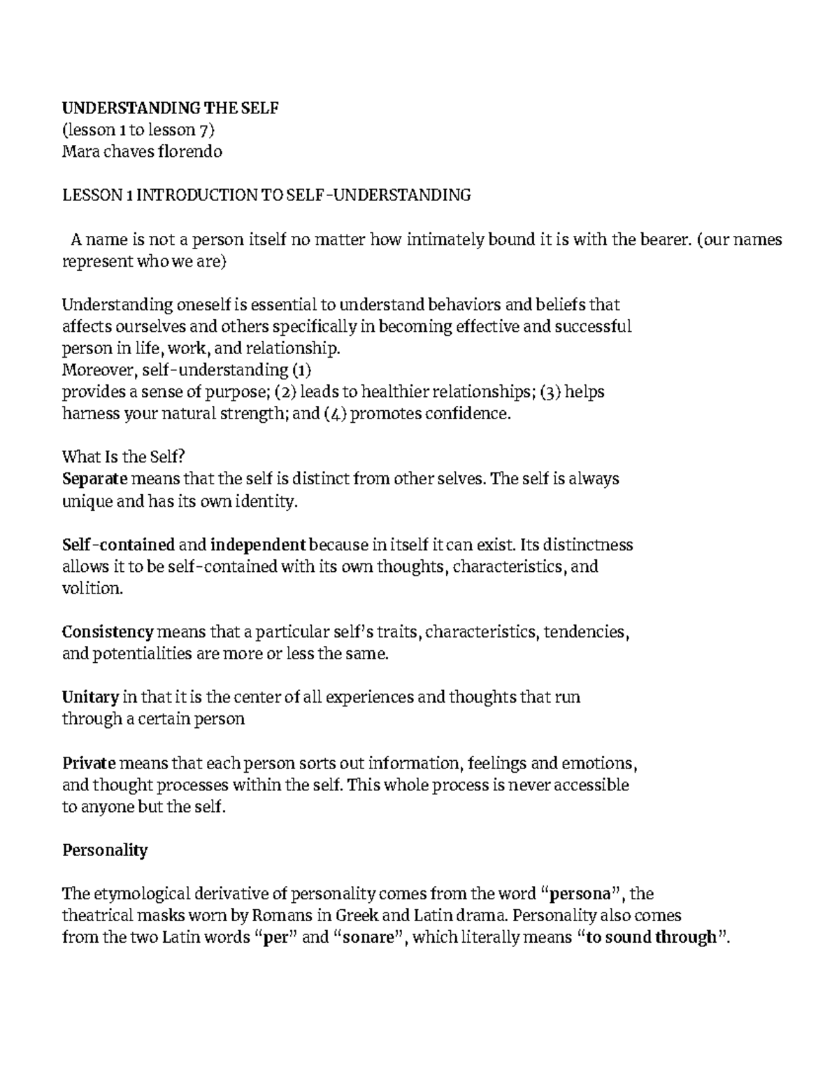 Understanding-THE-SELF - UNDERSTANDING THE SELF (lesson 1 to lesson 7) Mara chaves üorendo ...