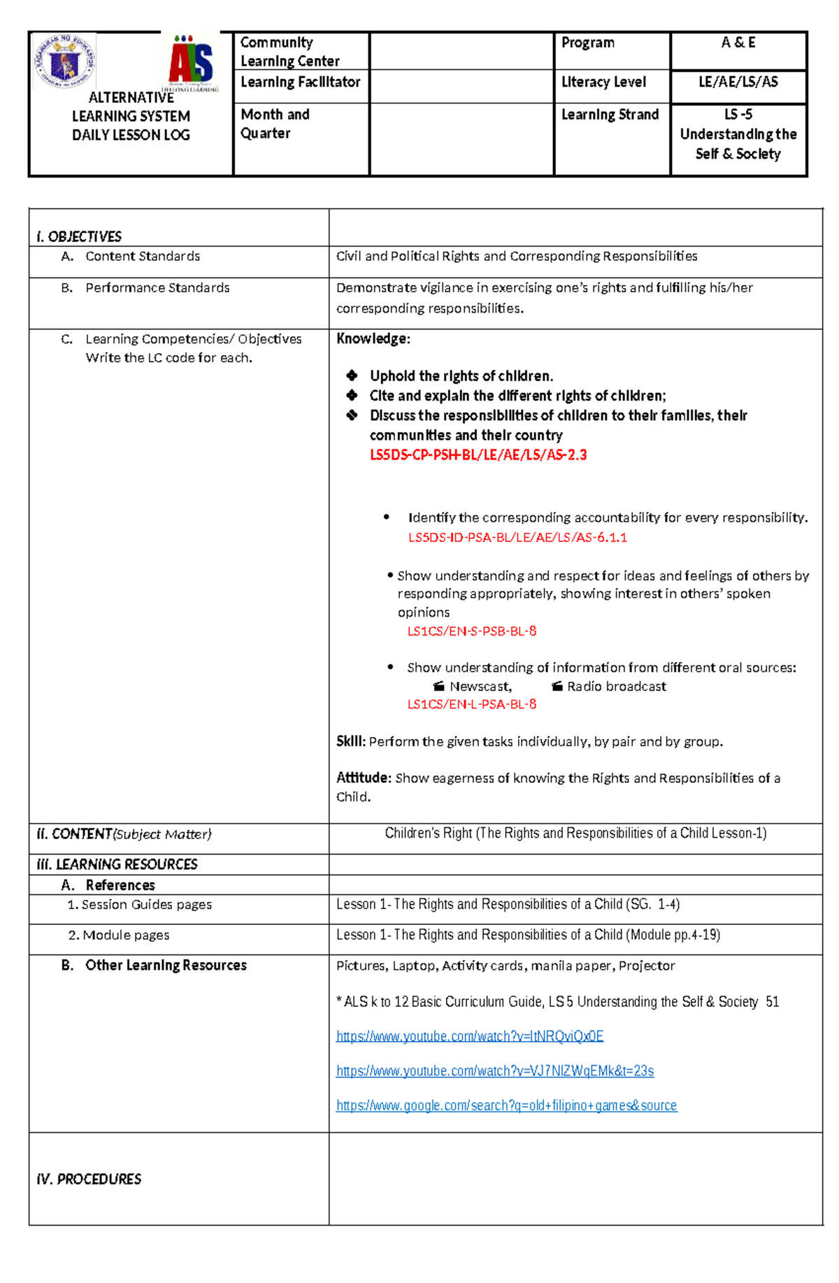 DLL (Childrens Right 1) - ALTERNATIVE LEARNING SYSTEM DAILY LESSON LOG ...