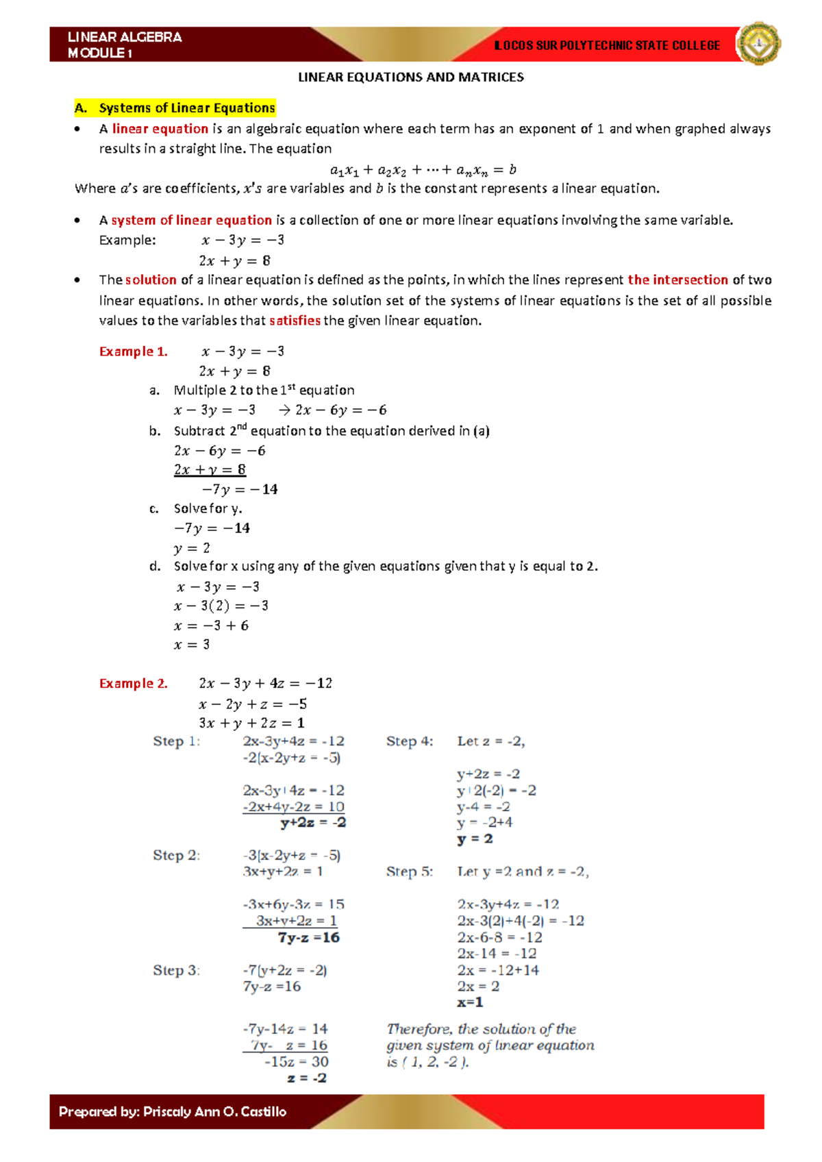 Module 1 Linear Equations and Matrices - MODULE 1 ILOCOS SUR ...