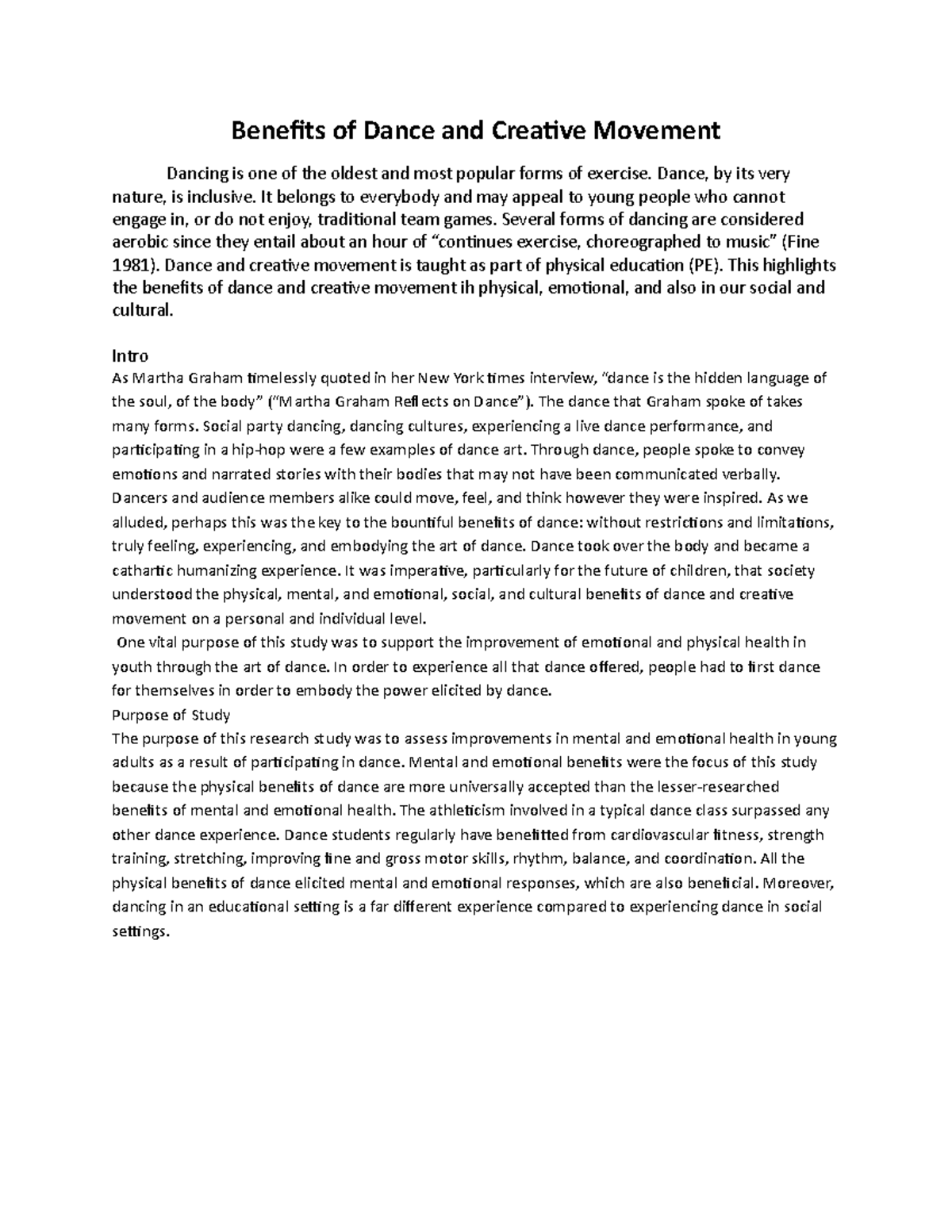 Benefits of Dance - written report - Benefits of Dance and Creative ...