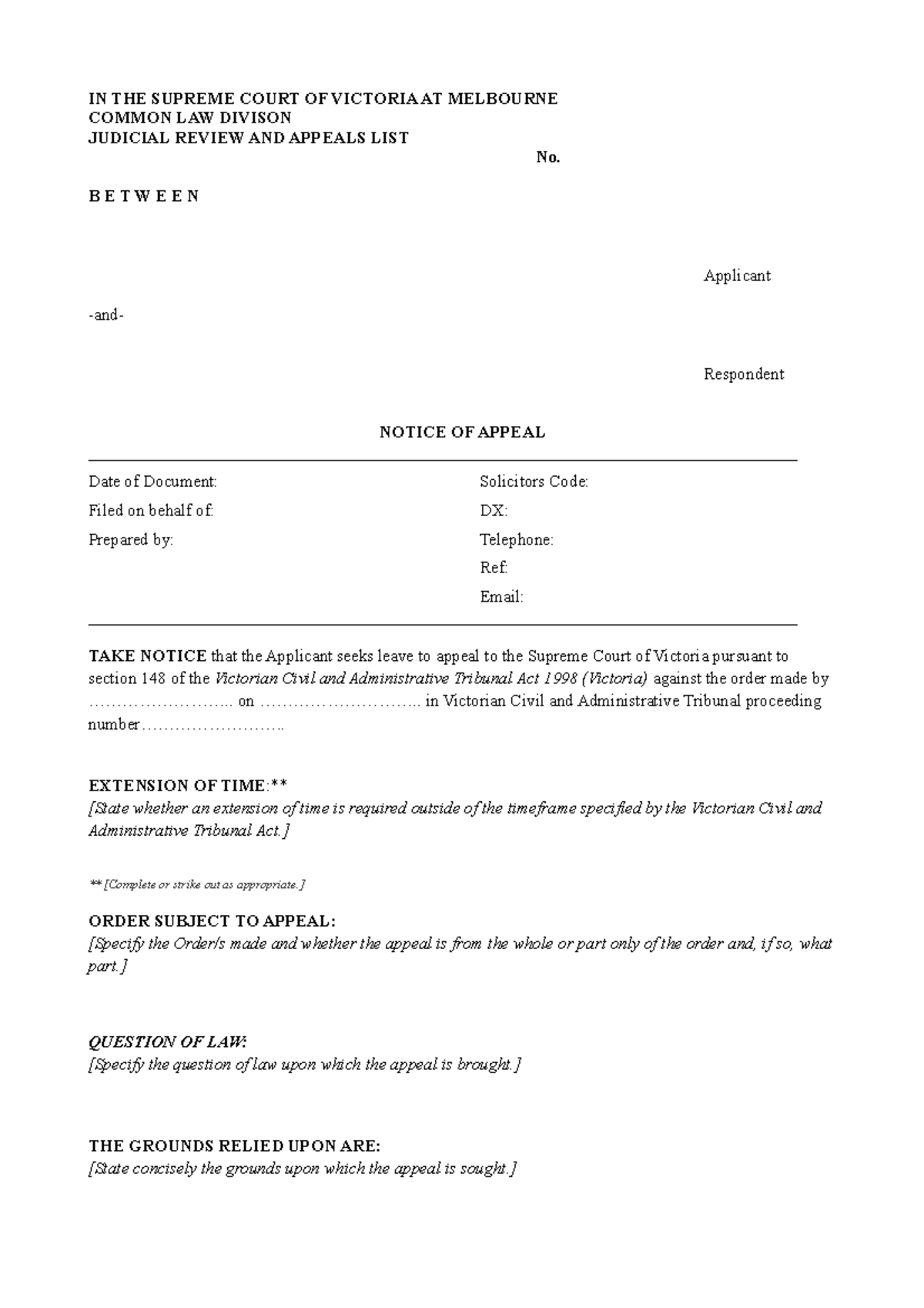 Assessment 2 - Notice of Appeal template - IN THE SUPREME COURT OF ...