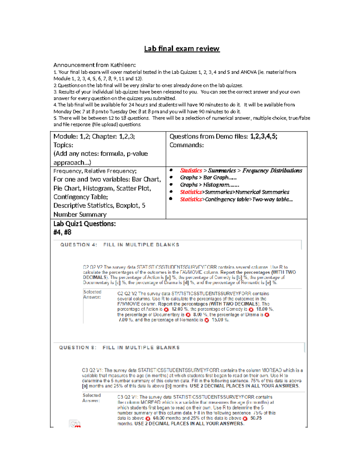 Practice Review - Lab final exam review Announcement from Kathleen: 1 ...