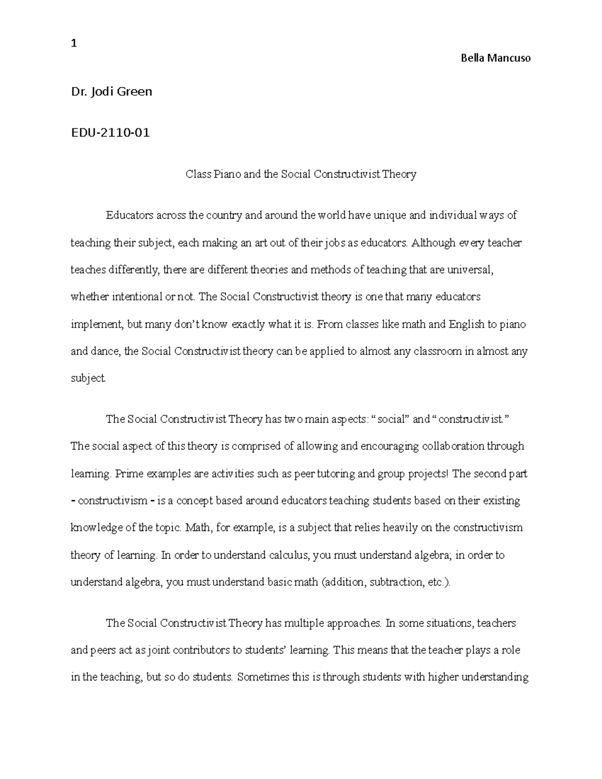 Piano and Social Constructivist Theory - Bella Mancuso Dr. Jodi Green ...