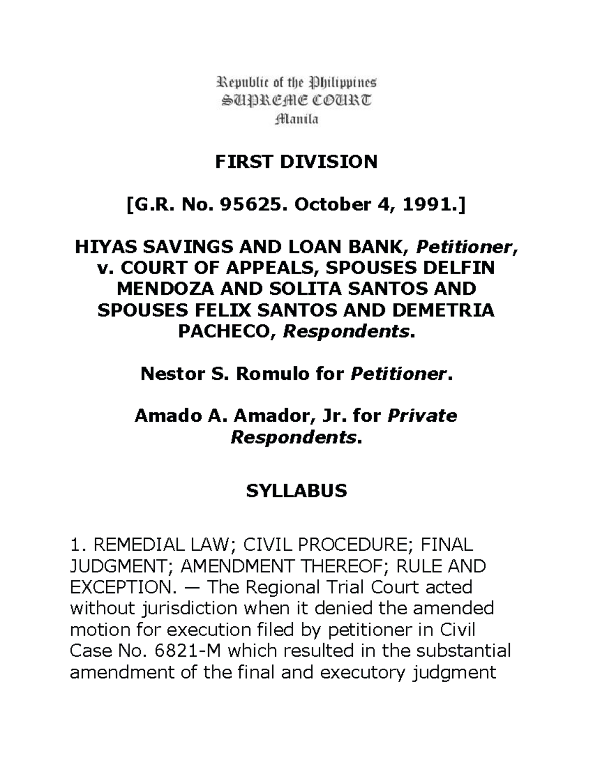 Hiyas Savings Vs CA - FIRST DIVISION [G. No. 95625. October 4, 1991 ...