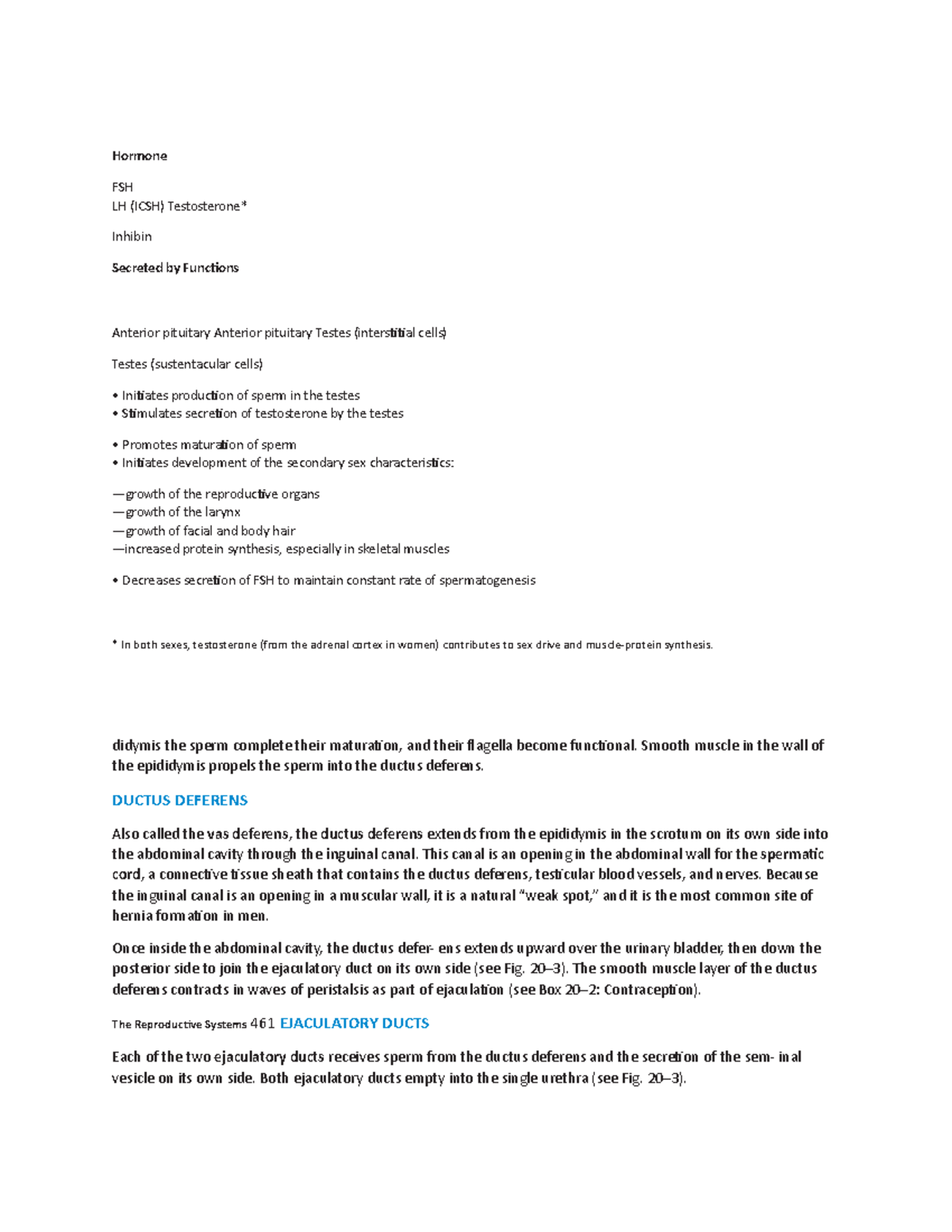 Anatomy note 43 - Hormone FSH LH (ICSH) Testosterone* Inhibin Secreted ...