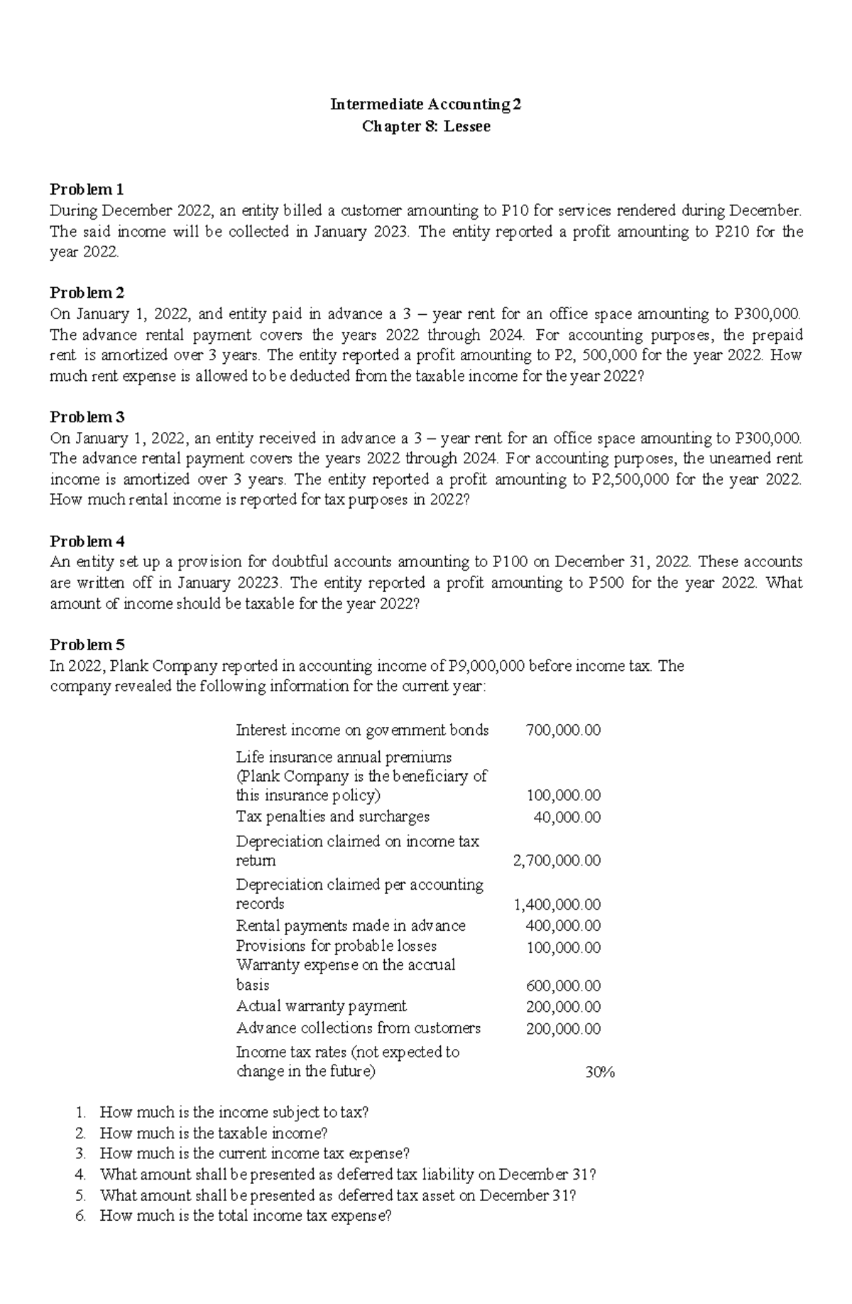 Income Tax Exercises Interme Diate Accounting 2 Cha Pter 8 Le Ssee