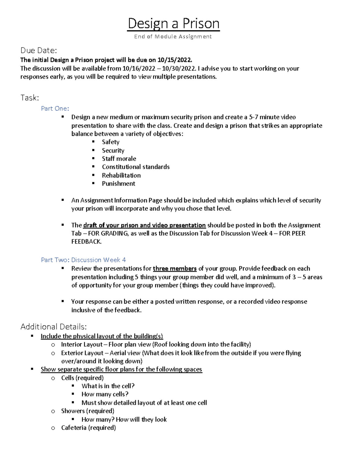 End of Module Assignment - Design a Prison - Design a Prison E nd of M ...