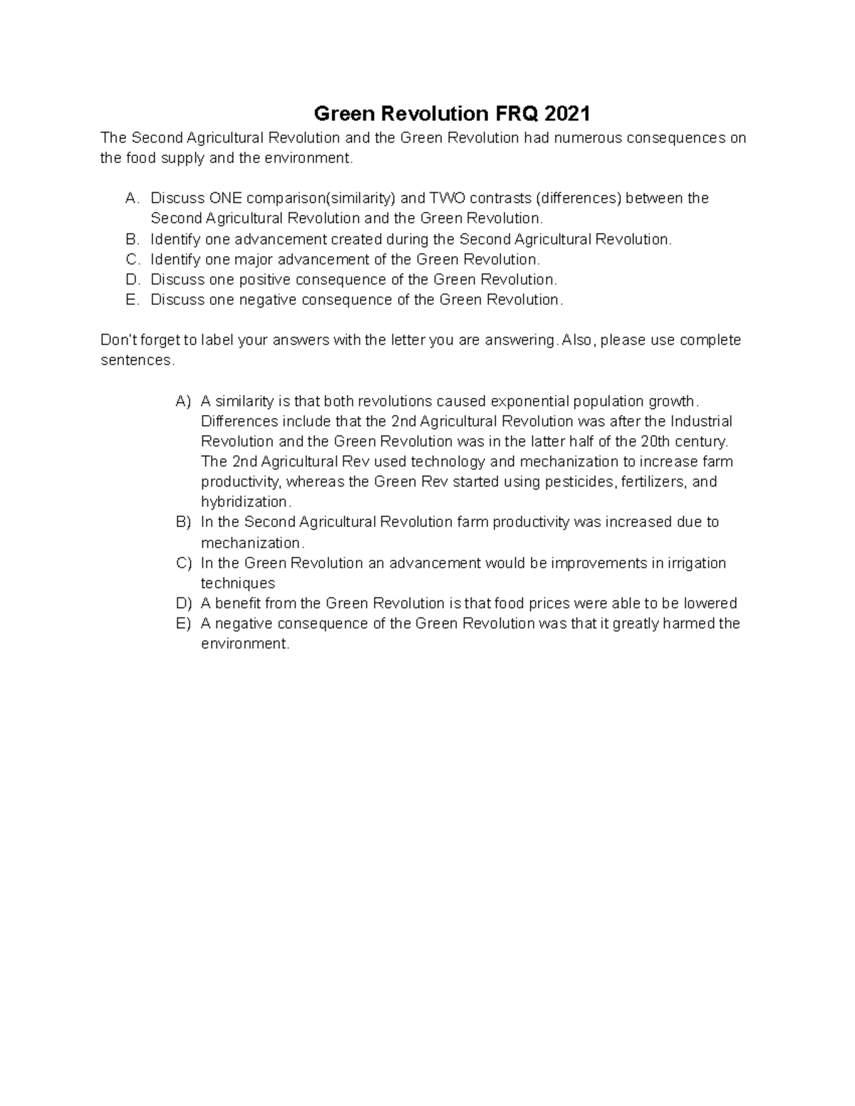 Green Revolution FRQ 2021 answers - Green Revolution FRQ 2021 The ...