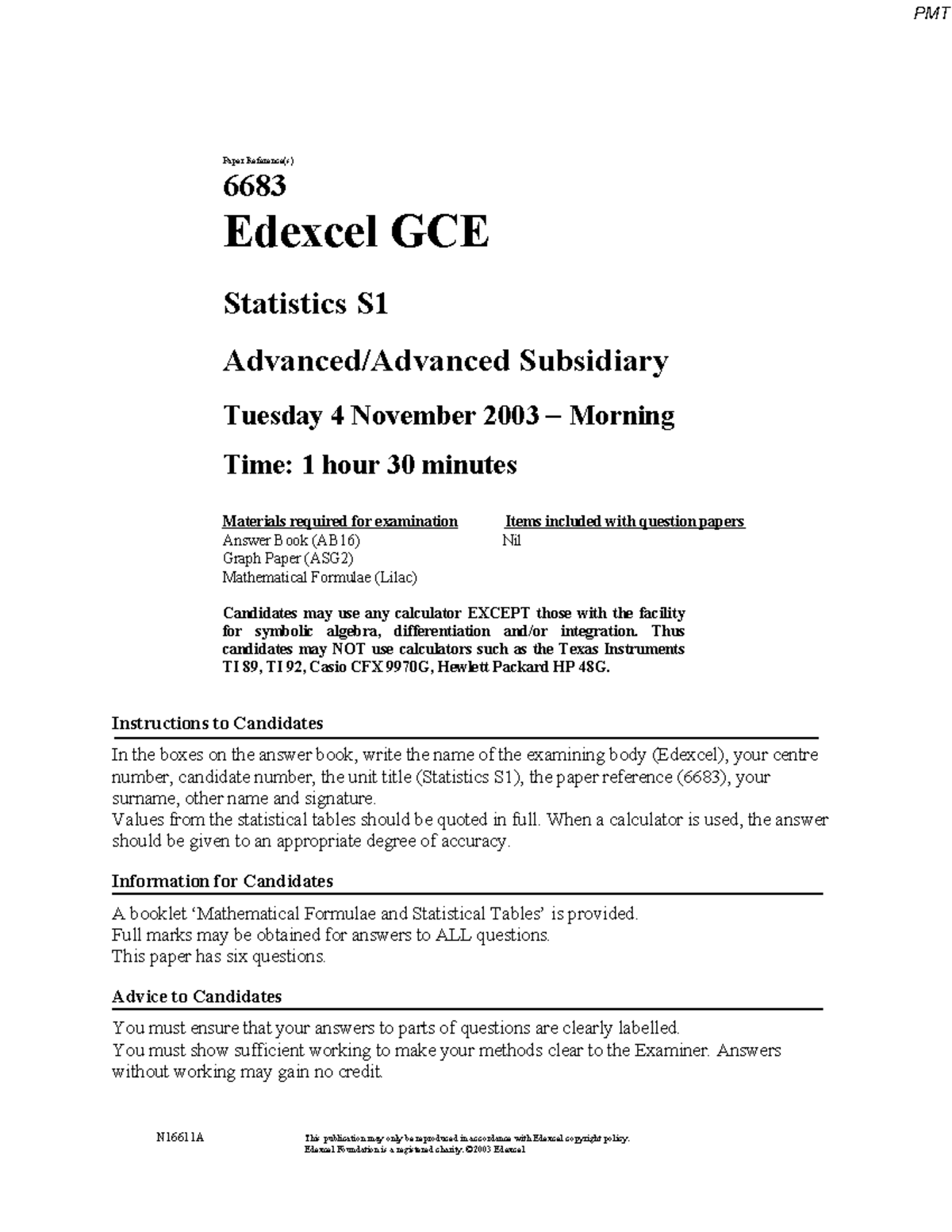 November 2003 QP - FGM - Paper Reference(s) 6683 Edexcel GCE Statistics ...
