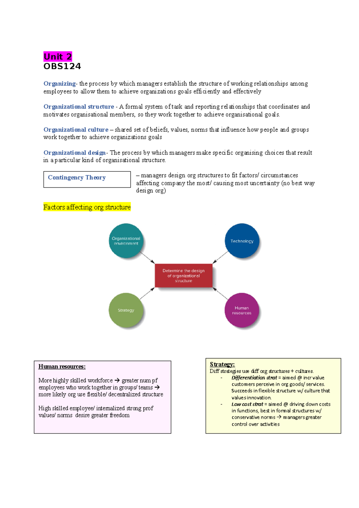 Unit 2 summary OBS - Unit 2 OBS Organizing- the process by which managers establish the ...