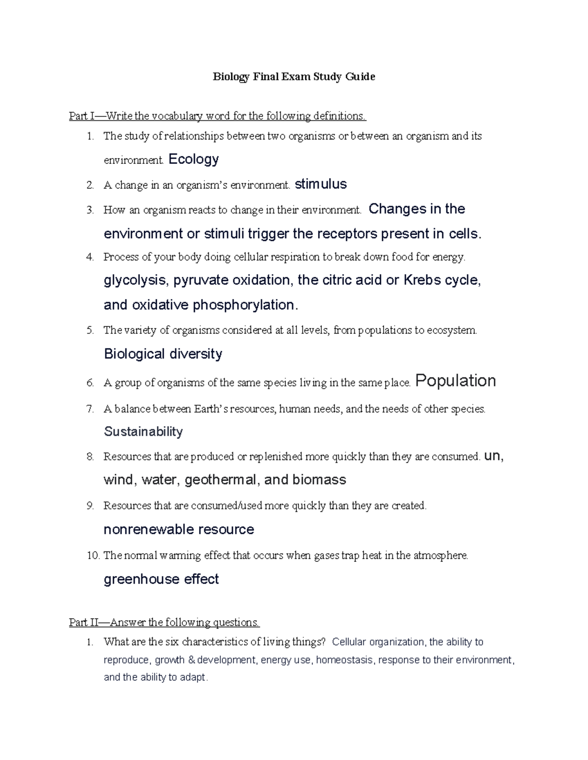 Biology Final Exam - Bio work - Biology Final Exam Study Guide Part I ...