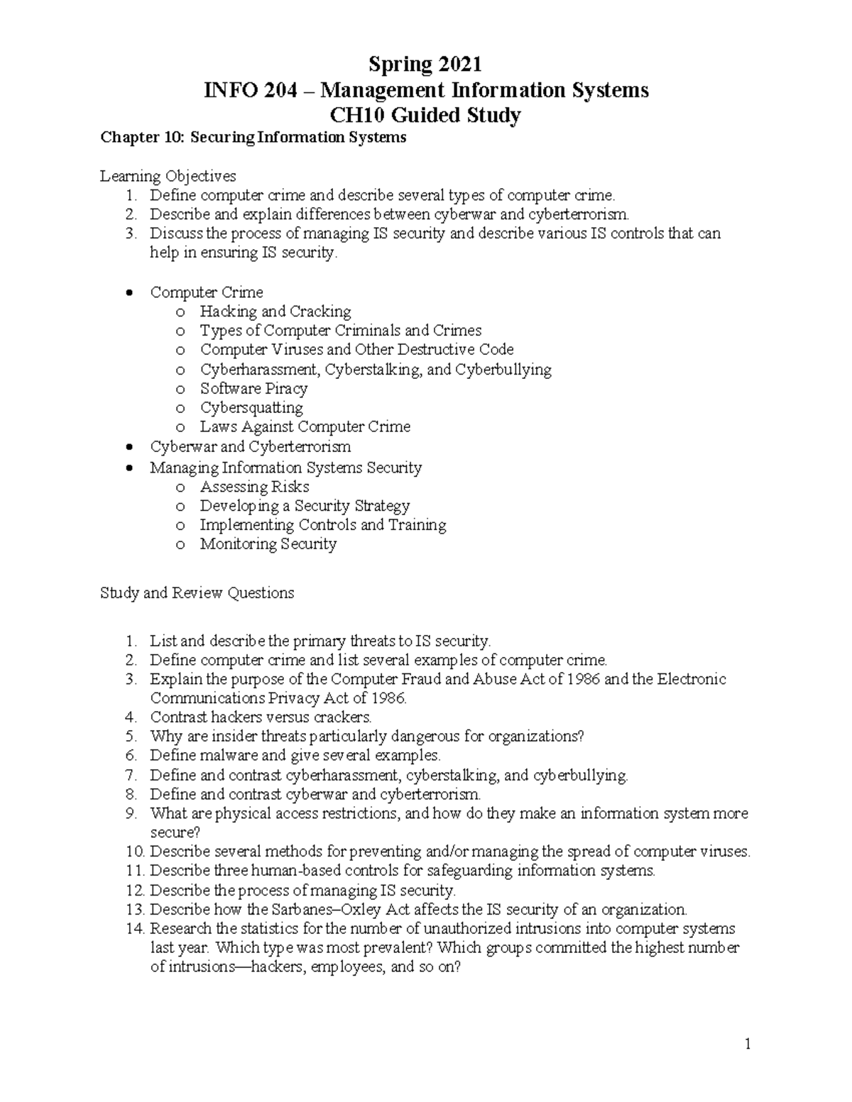 SP21 MIS CH10 Guided Study - Spring 2021 INFO 204 3 Management ...