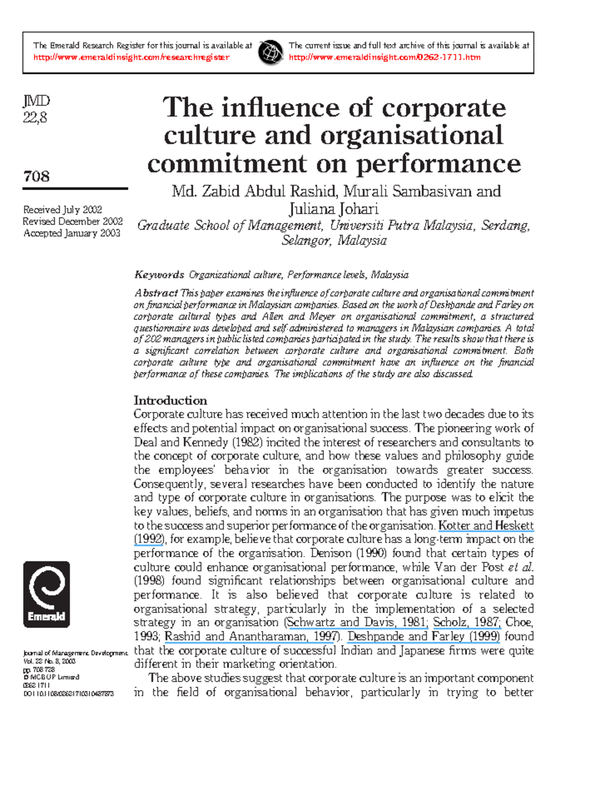 The influence of corporate culture on performance - The influence of ...